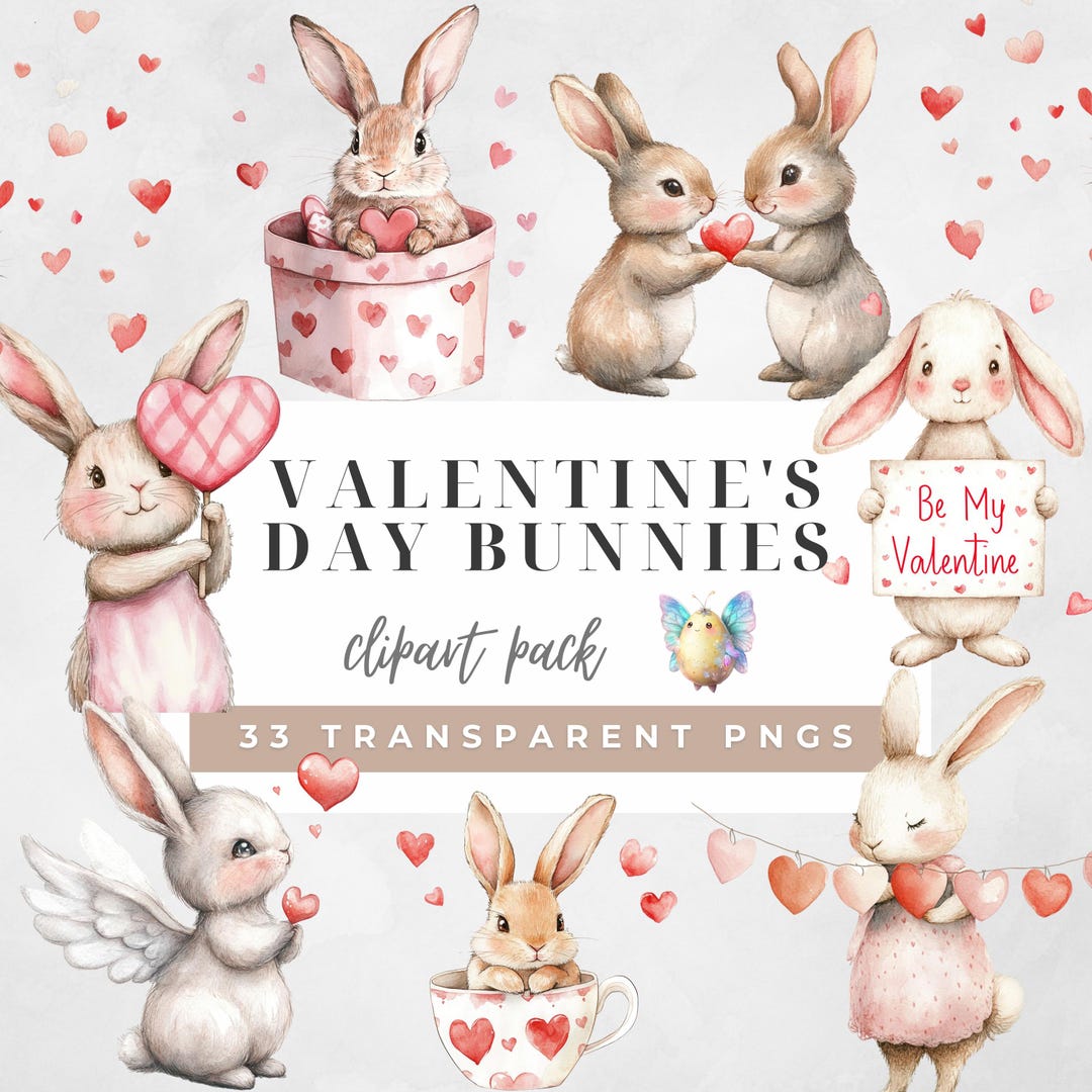 Valentine Bunny Clipart, Cute Watercolor Bunnies, Love Hearts Animals ...