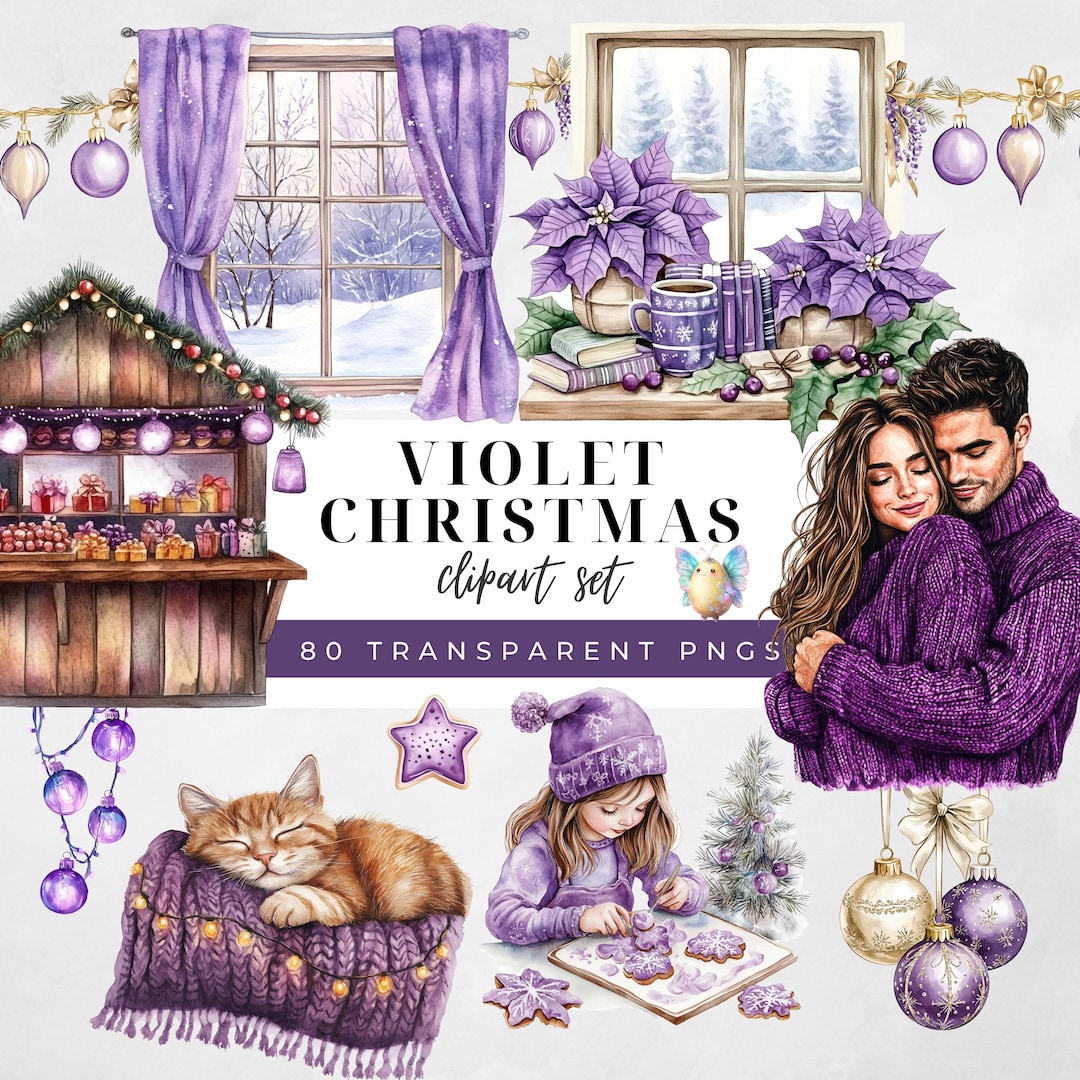 Violet Christmas Clipart, Watercolor Christmas, Cozy Holiday Clipart ...