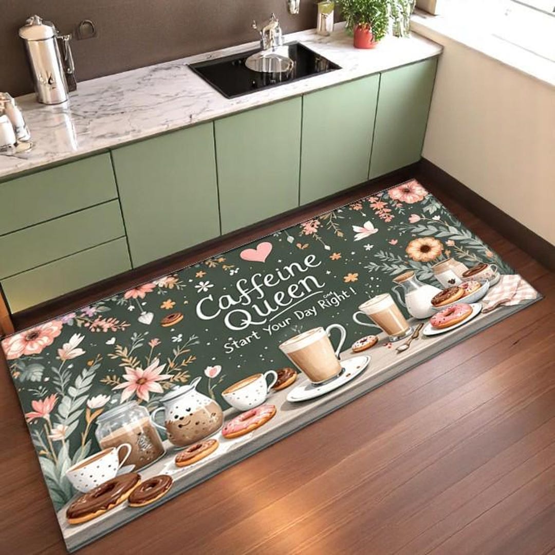 Caffeine Queen Kitchen Mat | Donut Coffee Theme | Olive Green Cafe Rug ...