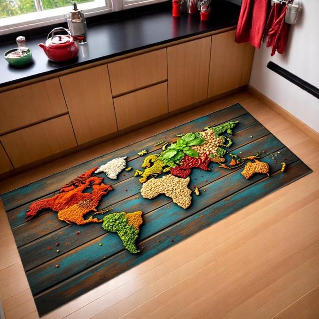 Spice Map Chef Kitchen Decor | Rustic World Food Art | Teal Brown ...
