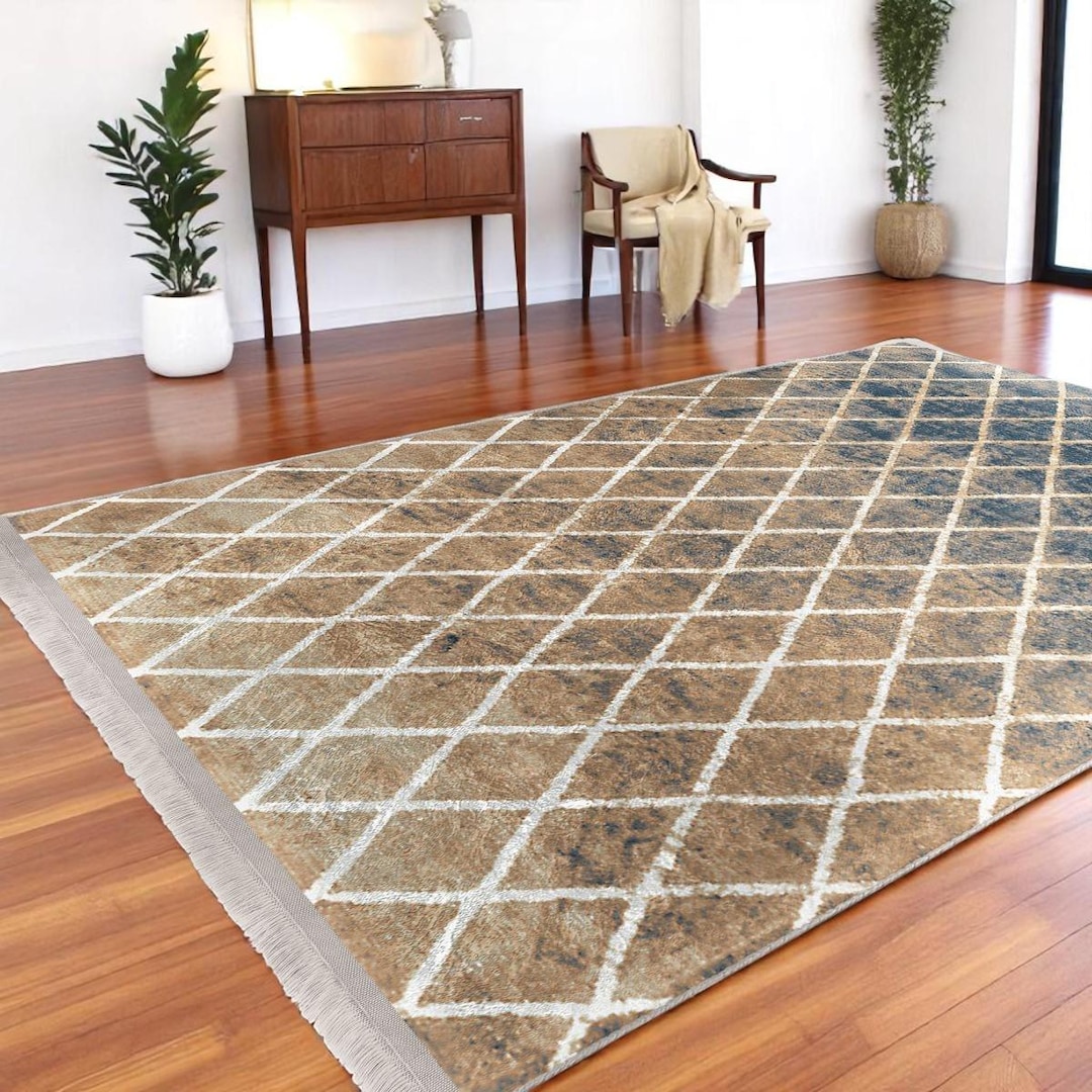 Diamond Tile Floor Rug -washable Gradient Blue to Beige -non Slip With ...