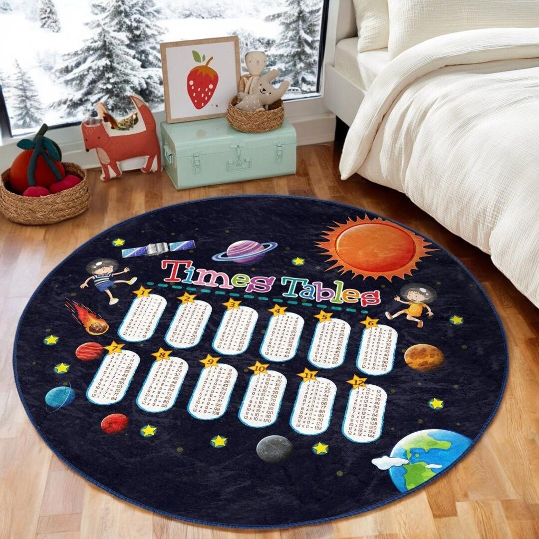 Round Navy Space Rug With Times Table, Fun Math Play Mat for Kids Room ...