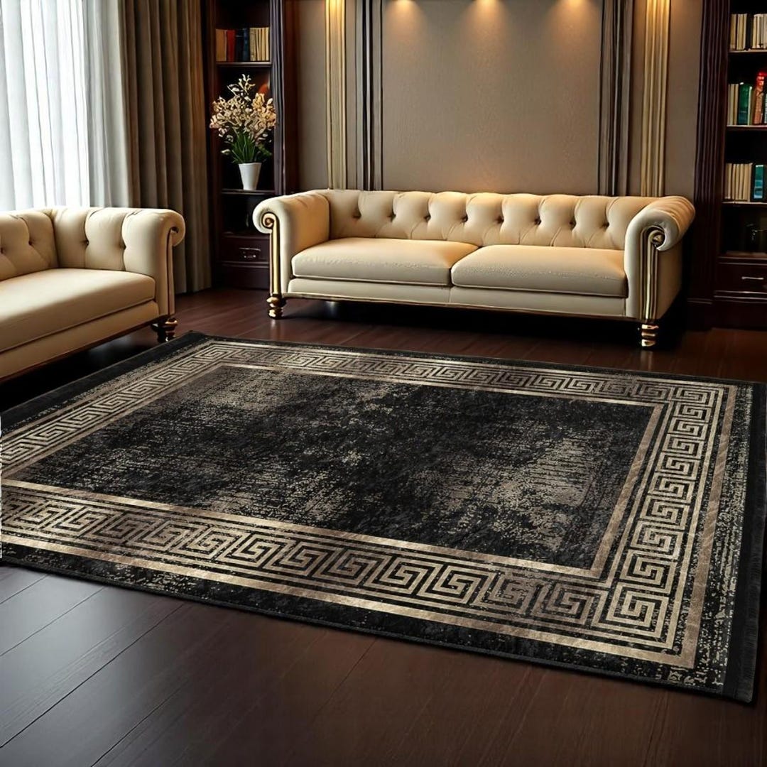 Black Gold Area Rug, Vintage Style Living Room Rug, Non Slip Washable ...