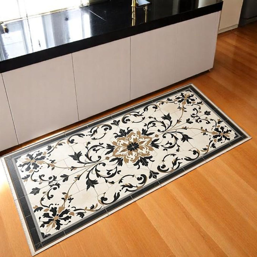 Cream Beige Floral Kitchen Mat | Non Slip Laundry Rug | Soft Washable ...