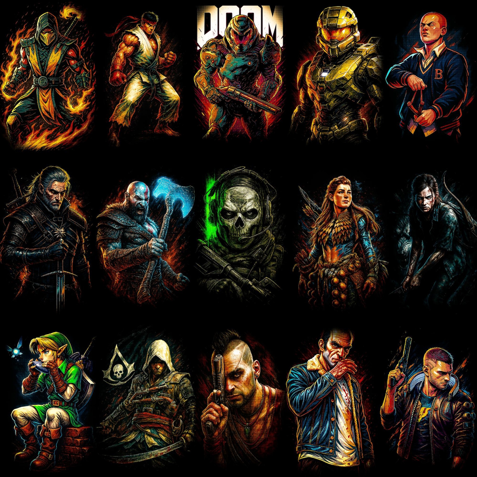 140+ Halftone Game Character Designs PNG Bundle | Streetwear DTF DTG T ...