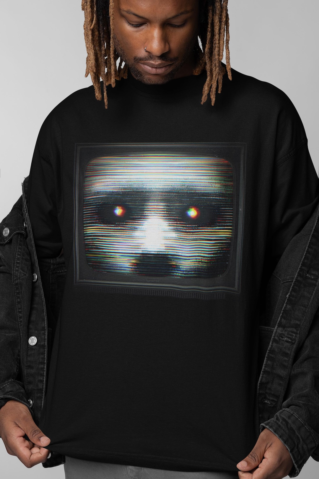 Retro Horror TV T-shirt, Glitch Distorted Face Neon Eyes, CRT Aesthetic ...