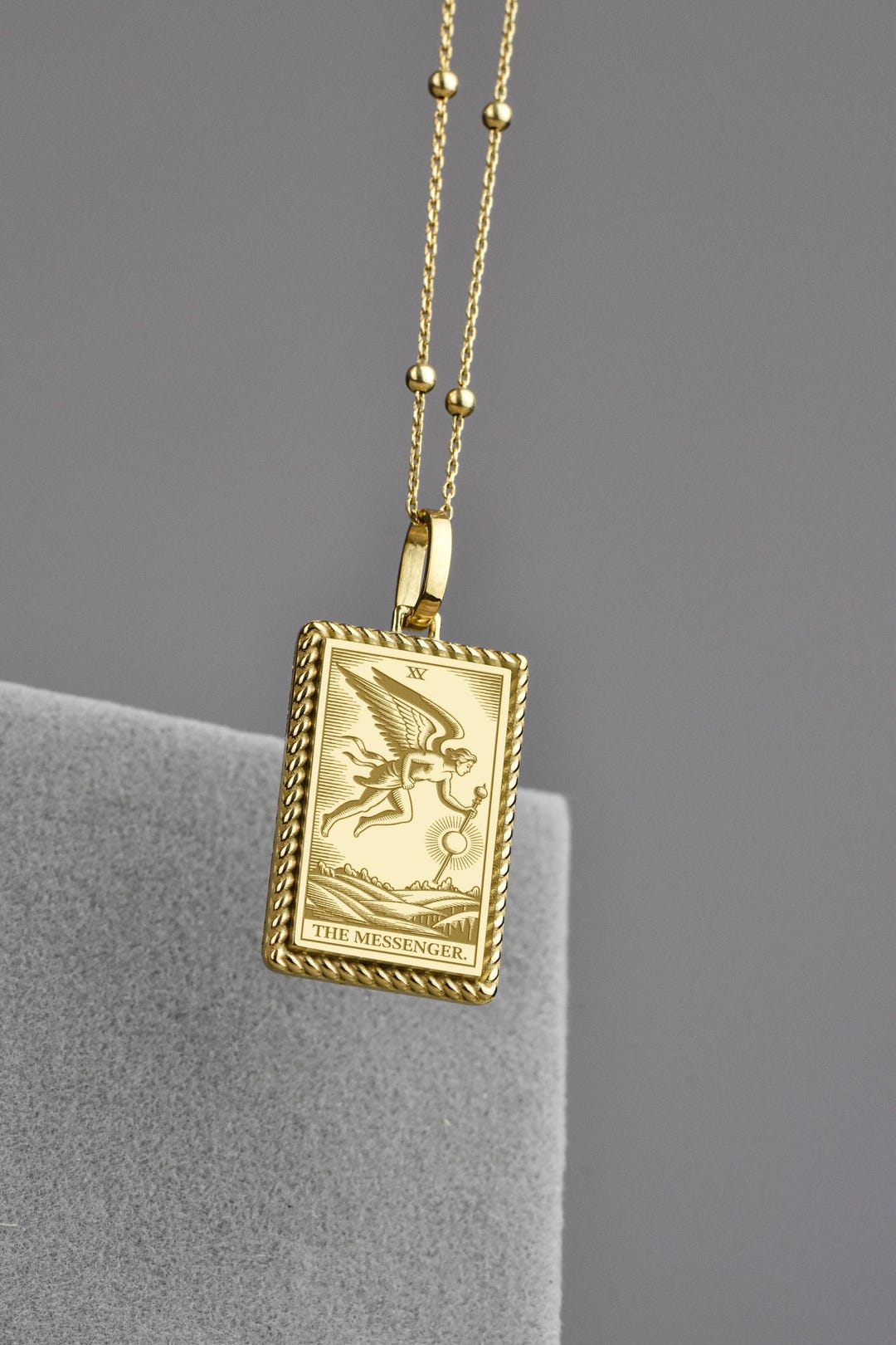 14K Gold Messenger Necklace, Engraved Winged Envoy Pendant ...