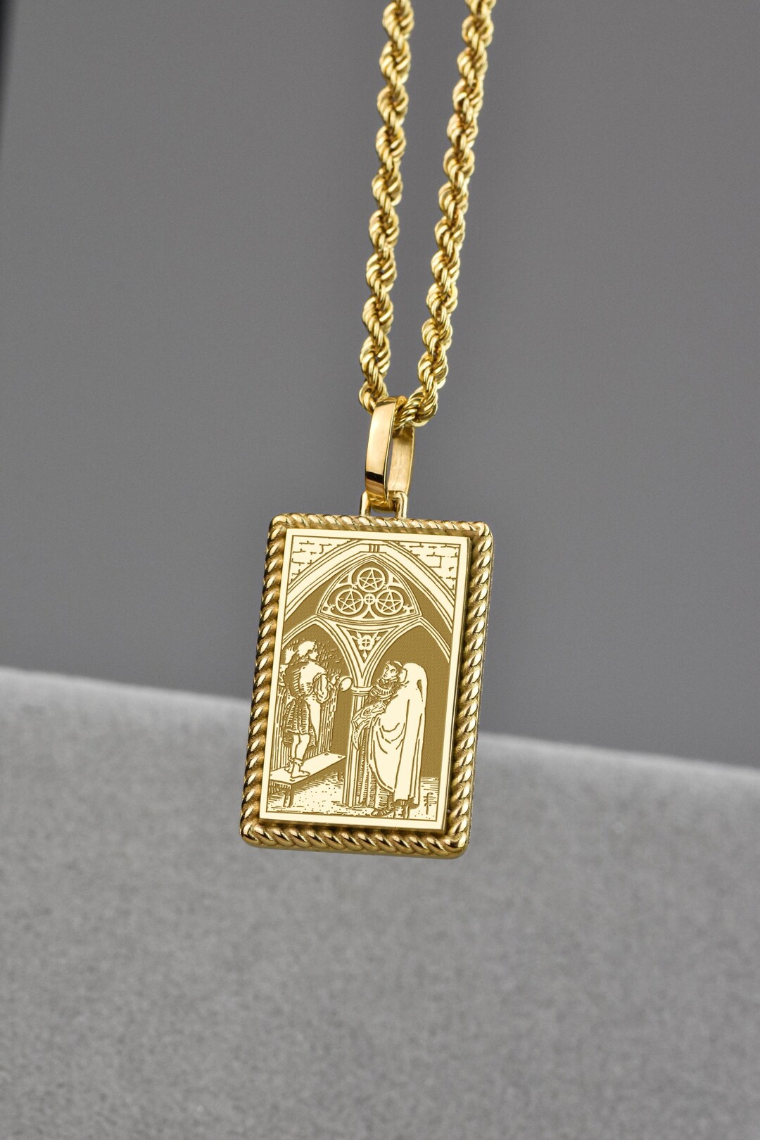 14K Gold Three of Pentacles Tarot Card Necklace, Trionfi Charm, Gothic ...