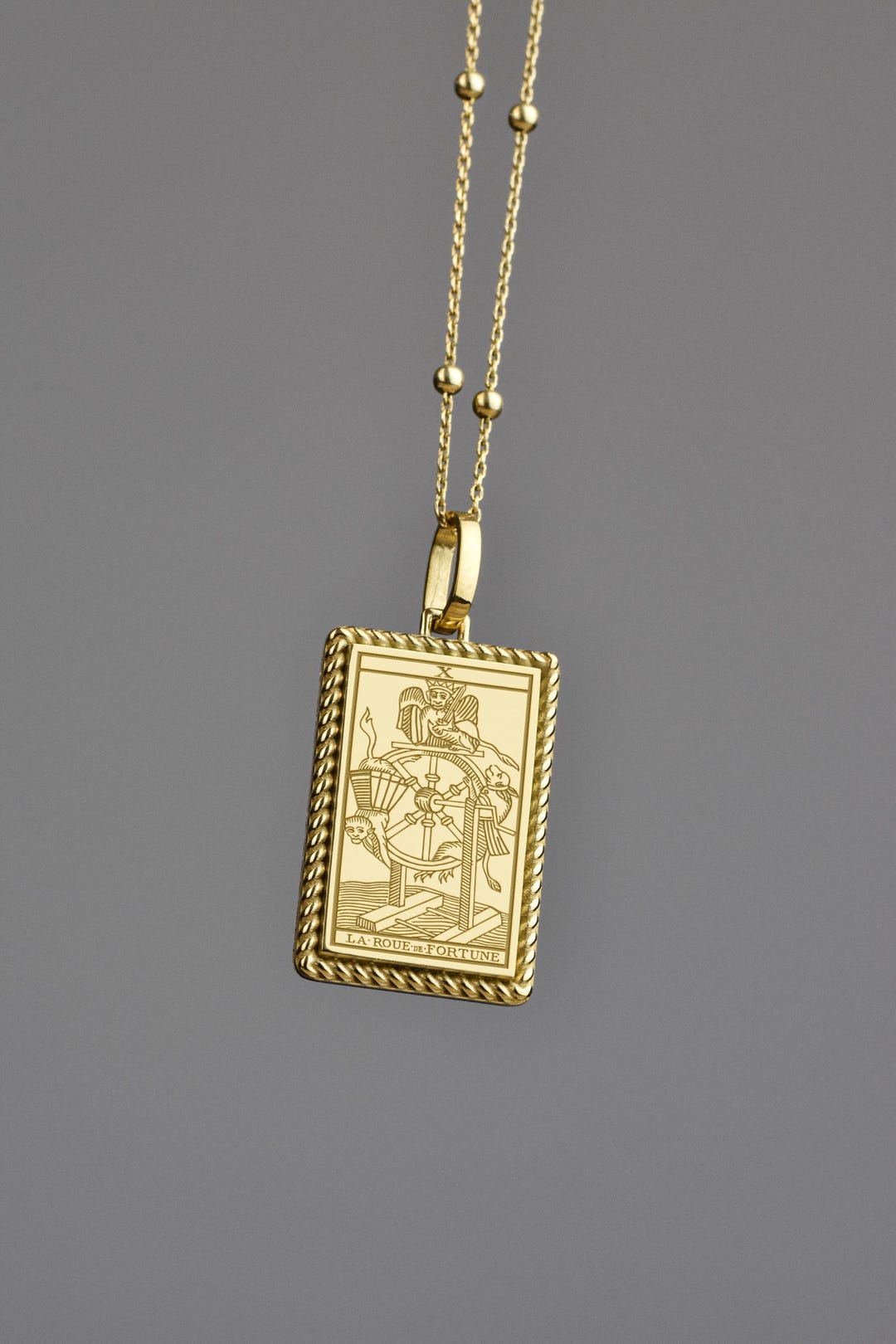 14K Gold the Wheel of Fortune Tarot Card Necklace, Engraved Tarocchi ...