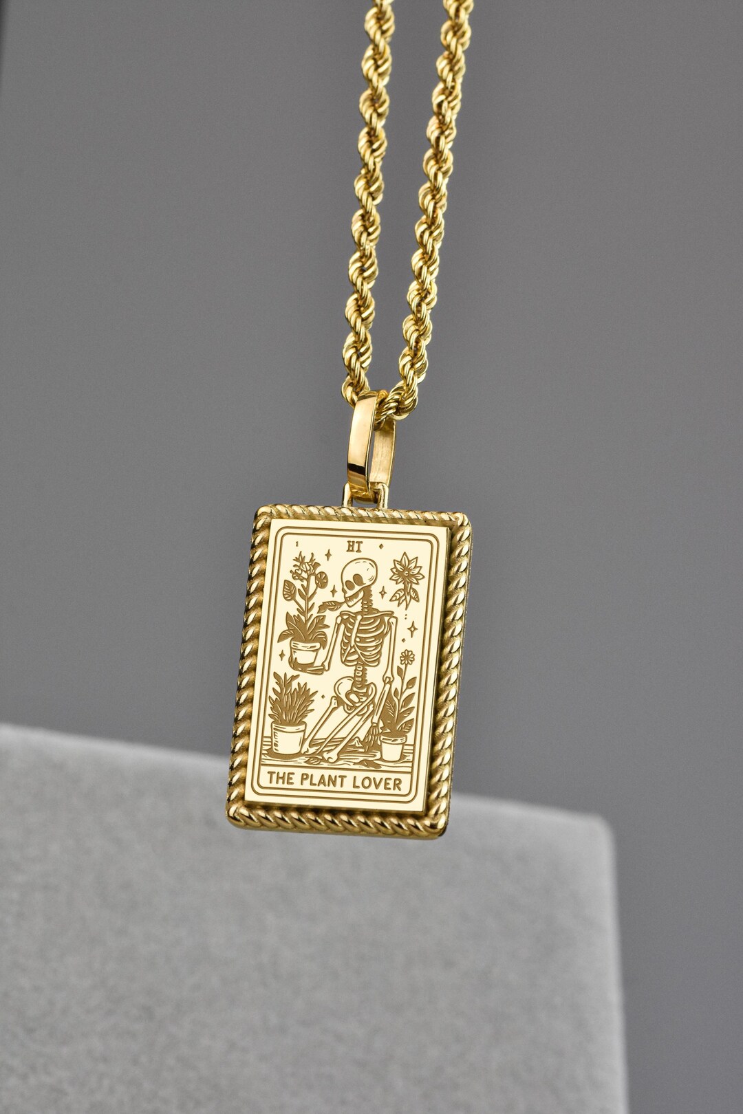 14K Gold Plant Lover Necklace, Skeleton Charm, Custom Botany Talisman ...