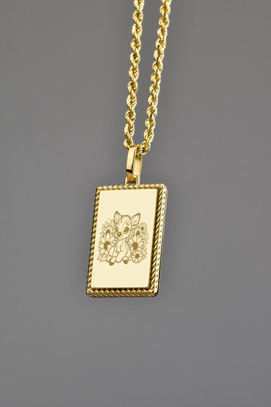 14K Gold Deer Necklace, Custom Stag Charm, Engraved Baby Deer Pendant ...