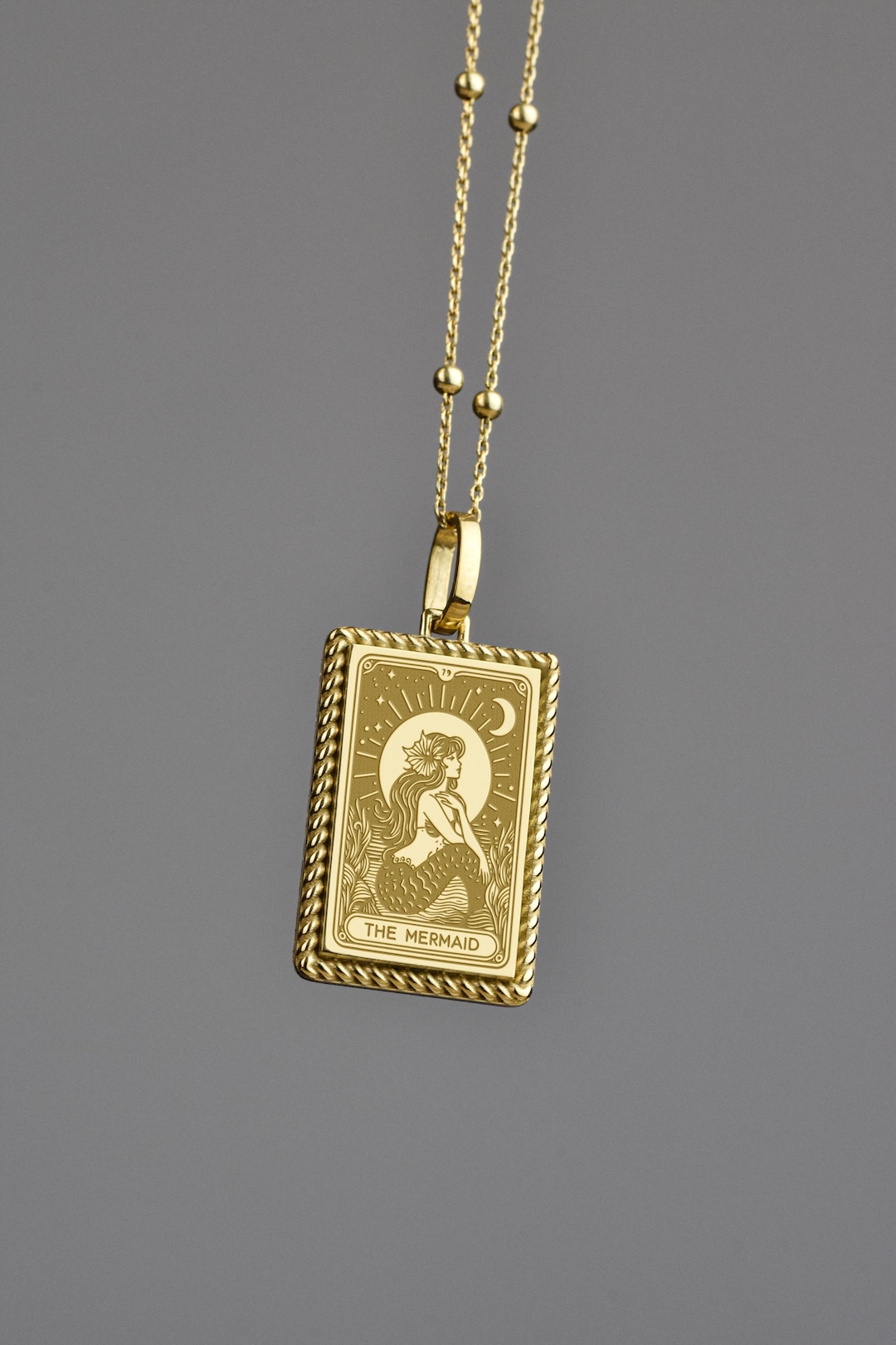 14K Gold Mermaid Necklace, Sea Legend Charm, Engraved Fairytale ...