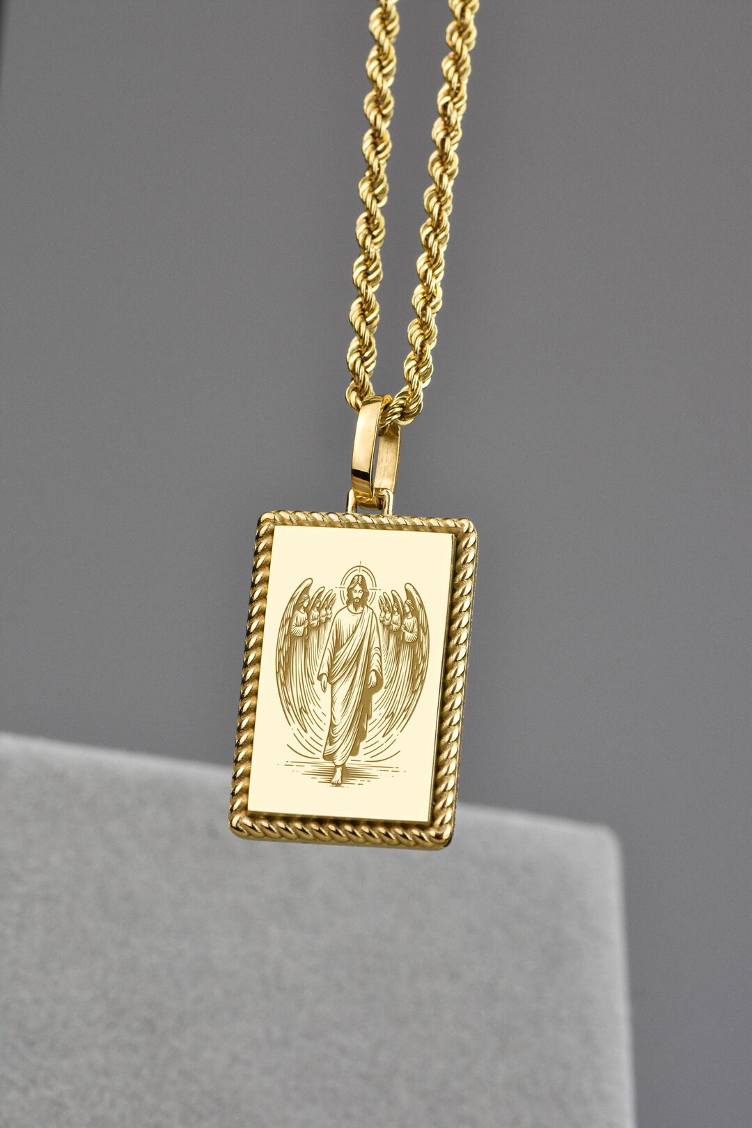 14K Gold Jesus Necklace, Engraved Christian Amulet, Personalized ...
