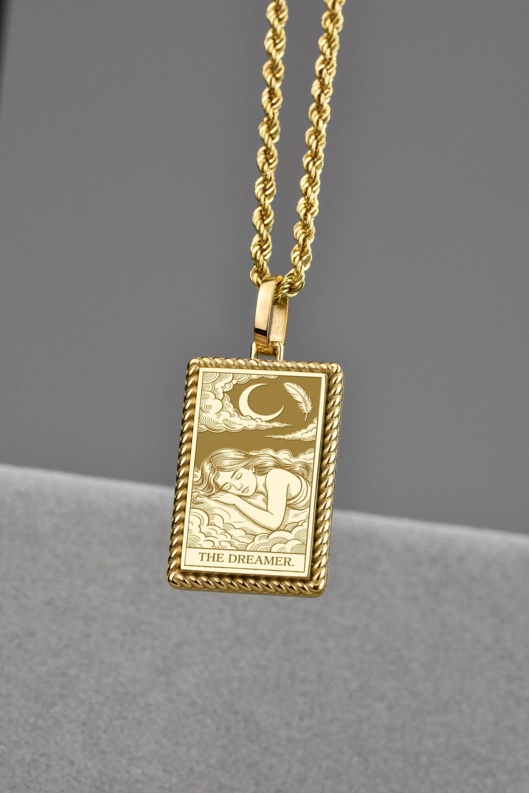 14K Gold Dreamer Necklace, Engraved Sleep Talisman, Relaxation Amulet ...