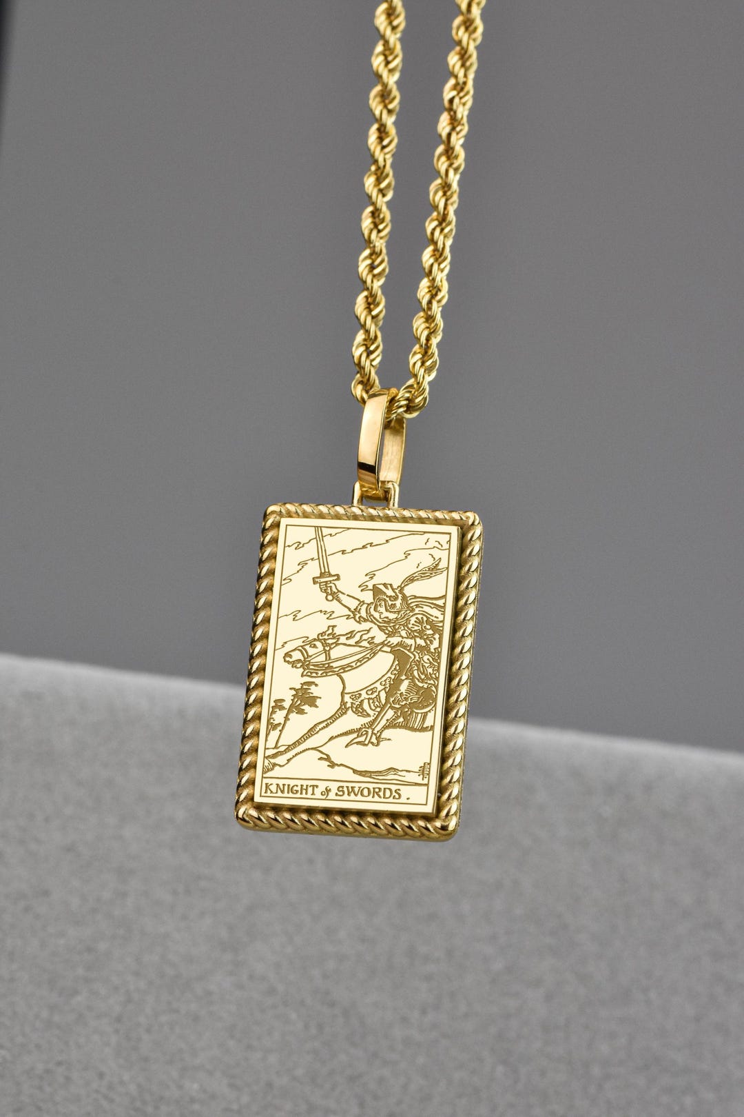 14K Gold Knight of Swords Tarot Card Necklace, Occult Deck Charm ...
