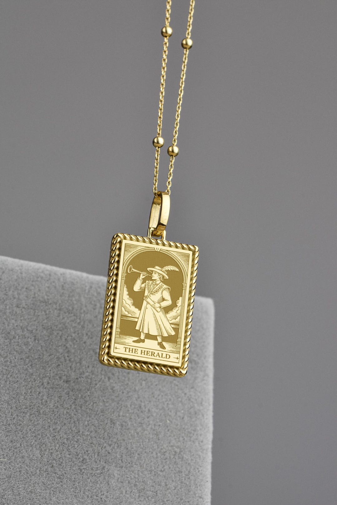 14K Gold Herald Necklace, Harbinger Pendant, Engraved News Bringer ...