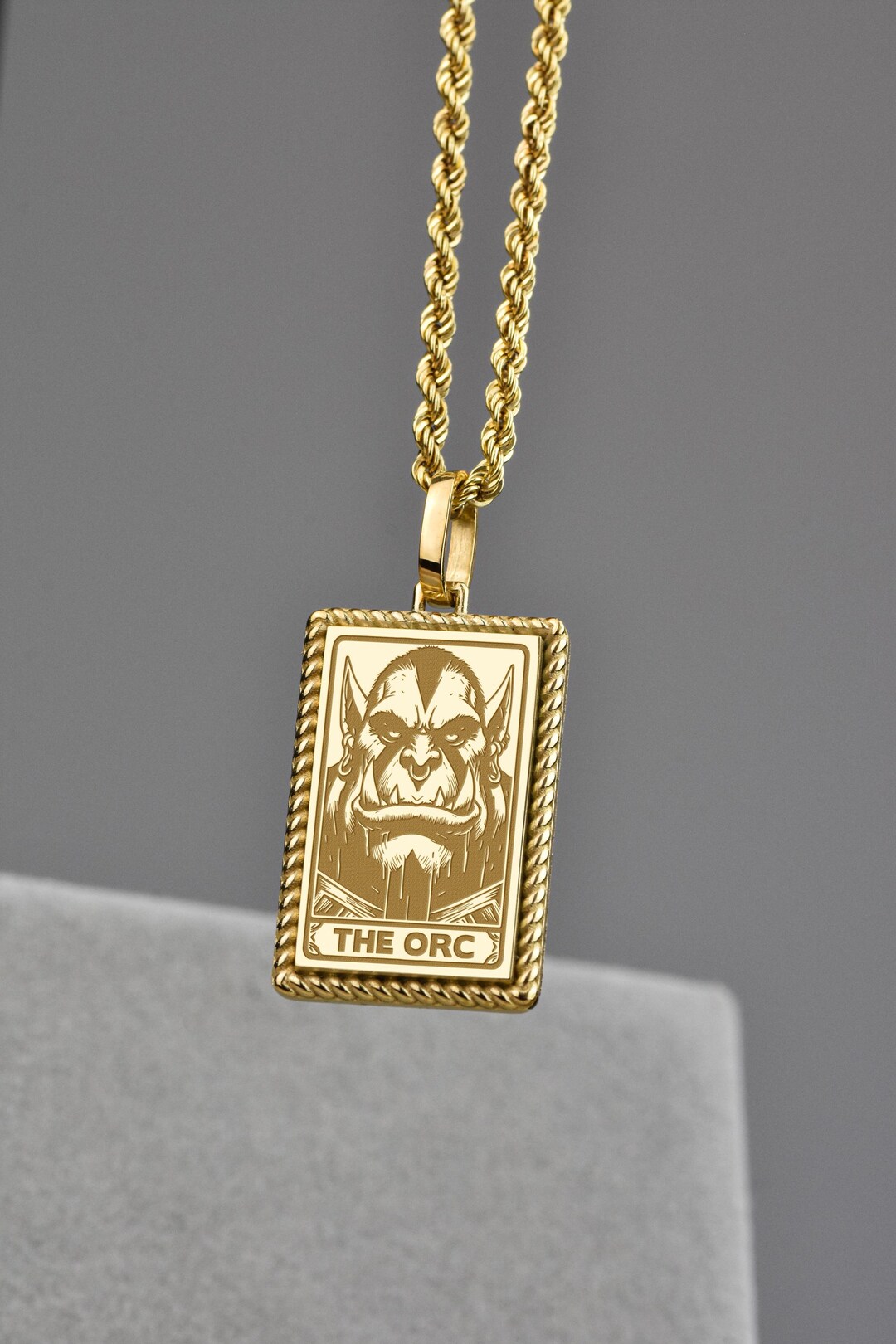 14K Gold Orc Necklace, Berserker Talisman, Greenskin Barbarian Amulet ...