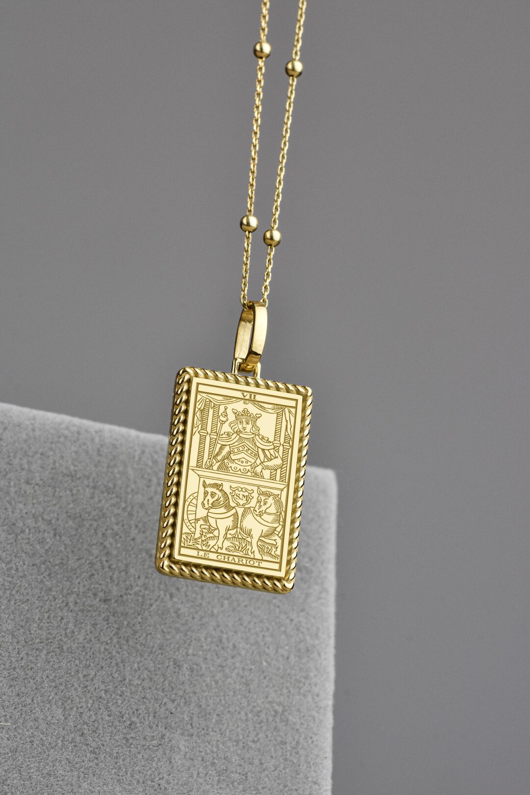14K Gold the Chariot Tarot Card Necklace, Occult Card Talisman, Gothic ...