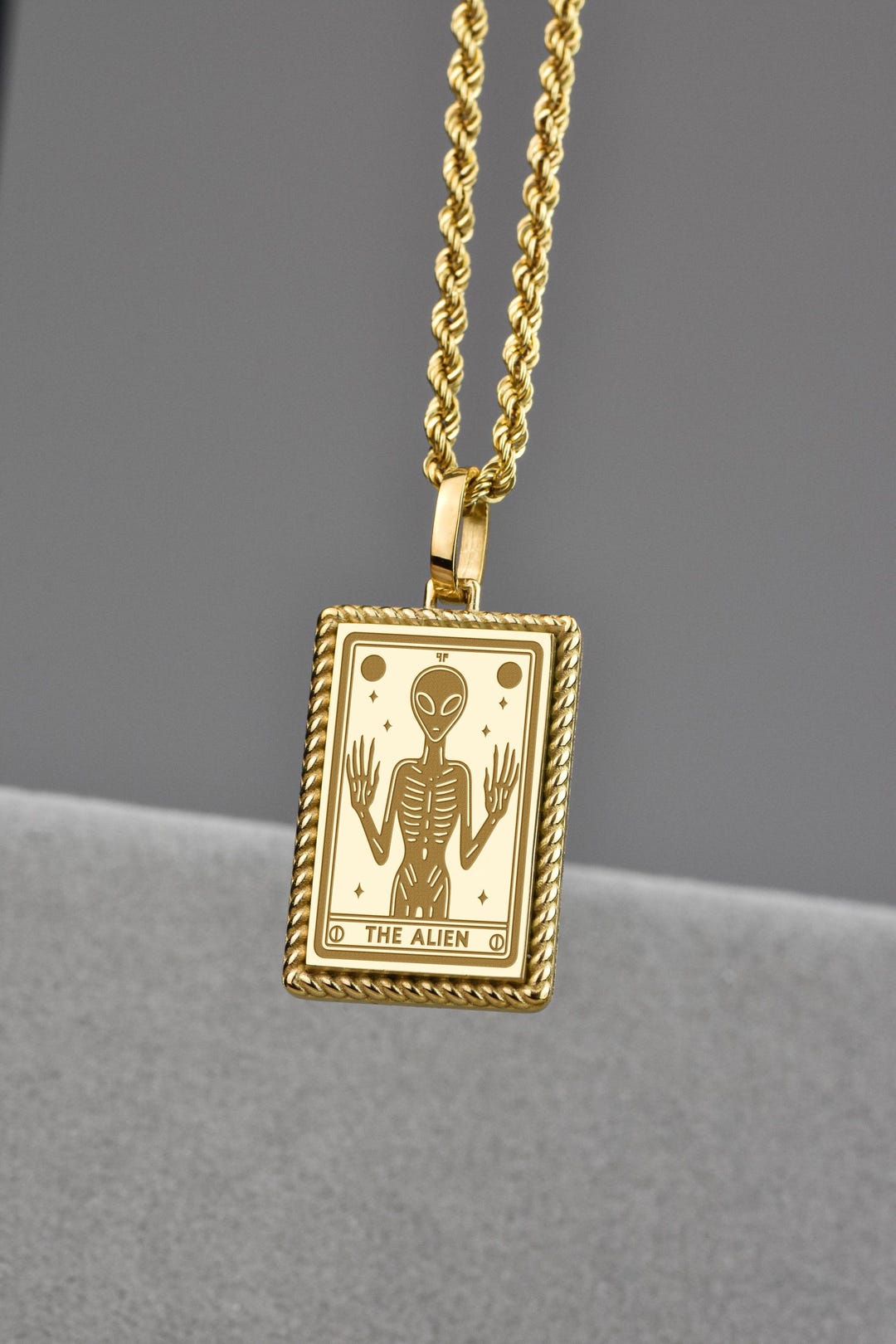 14K Gold Alien Necklace, UFO Talisman, Grey Alien Pendant ...
