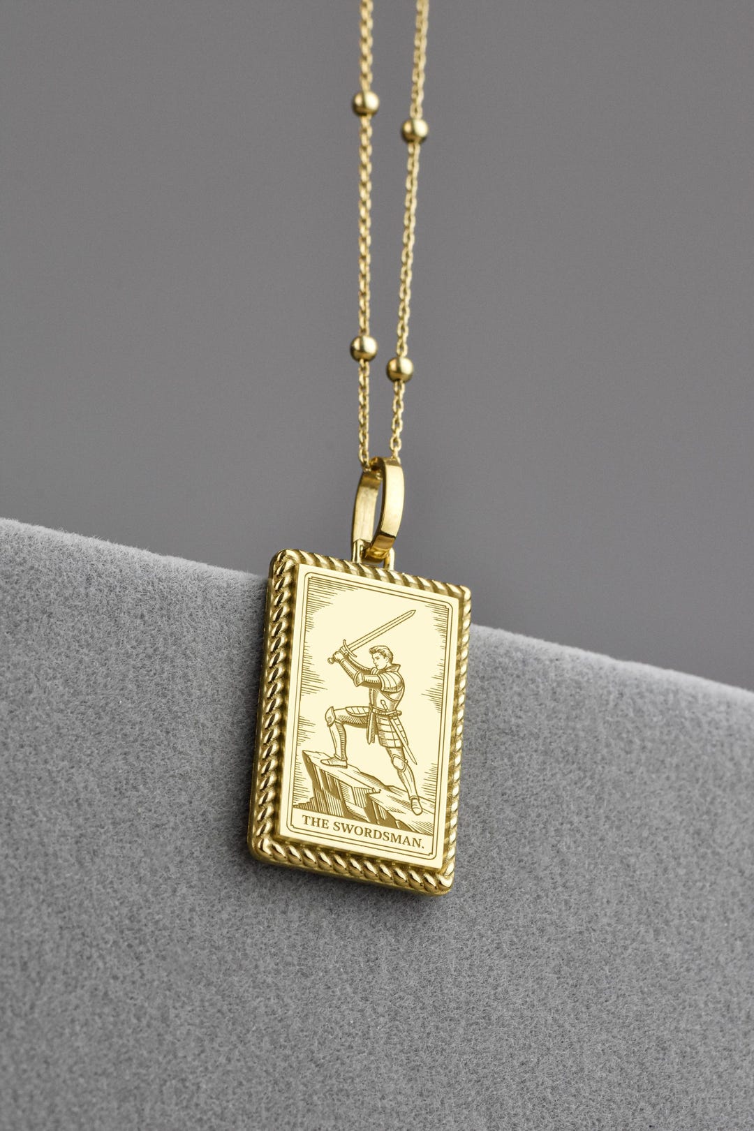 14K Gold Swordsman Necklace, Medieval Knight Pendant, Engraved Armored ...
