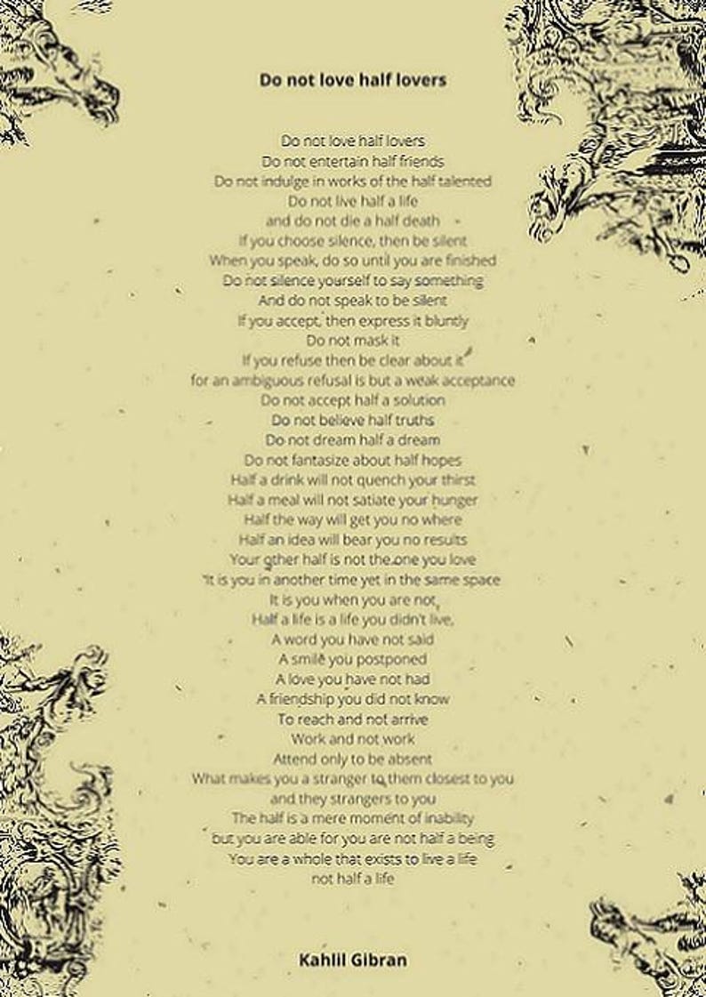 Do Not Love Half Lovers - Kahlil Gibran - Etsy