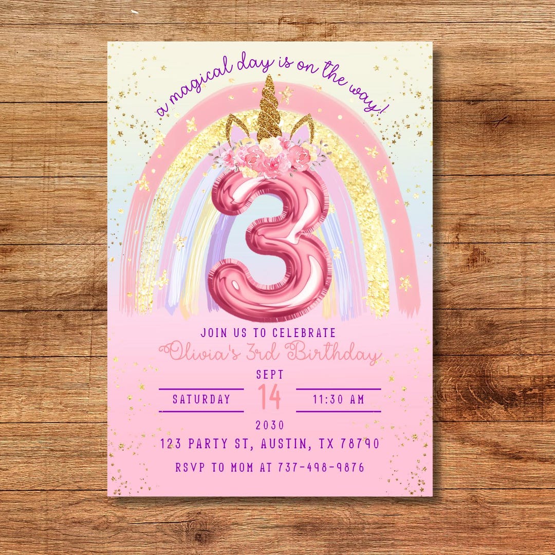 Unicorn 3rd Birthday Invitation Girl | Pink Balloon Number Invite ...