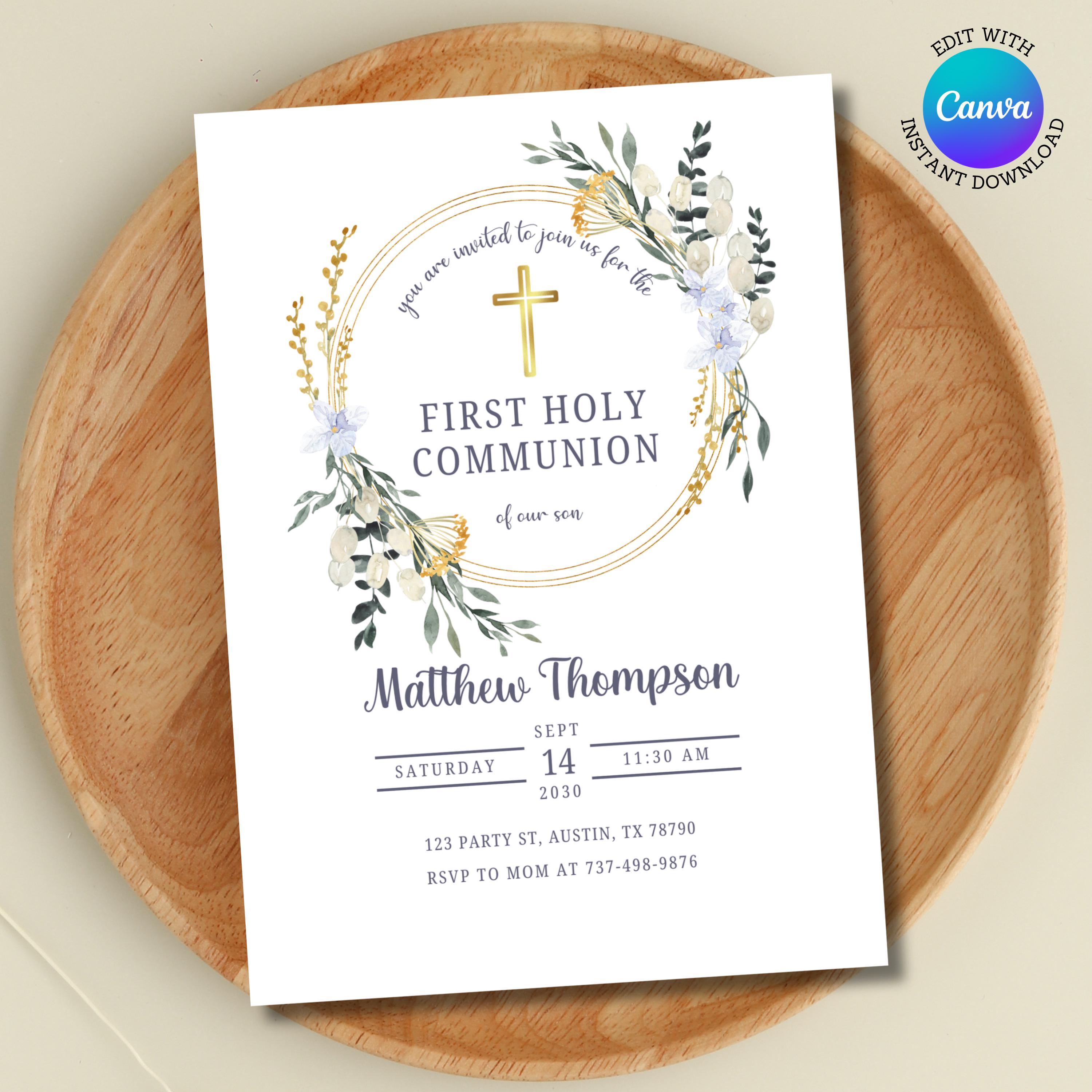 First Holy Communion Invitation | Boy Communion Invite | Editable Canva ...
