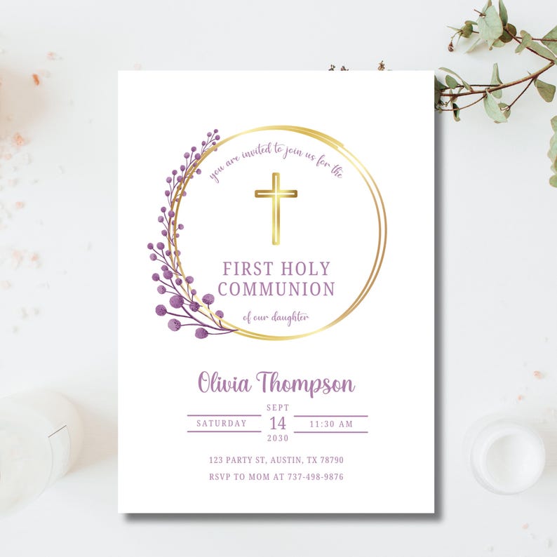 Purple Floral First Communion Invitation: Gold Cross, Girl (editable ...
