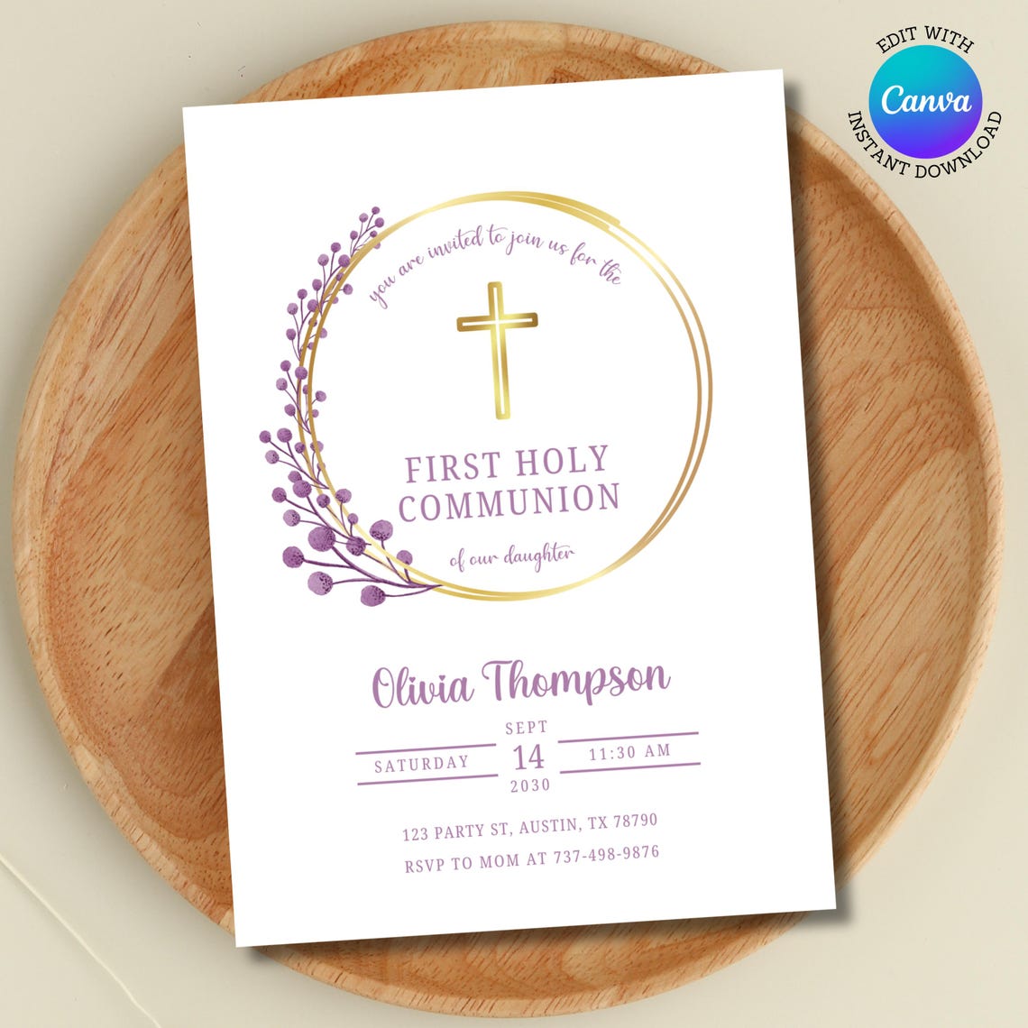 Purple Floral First Communion Invitation: Gold Cross, Girl (editable ...