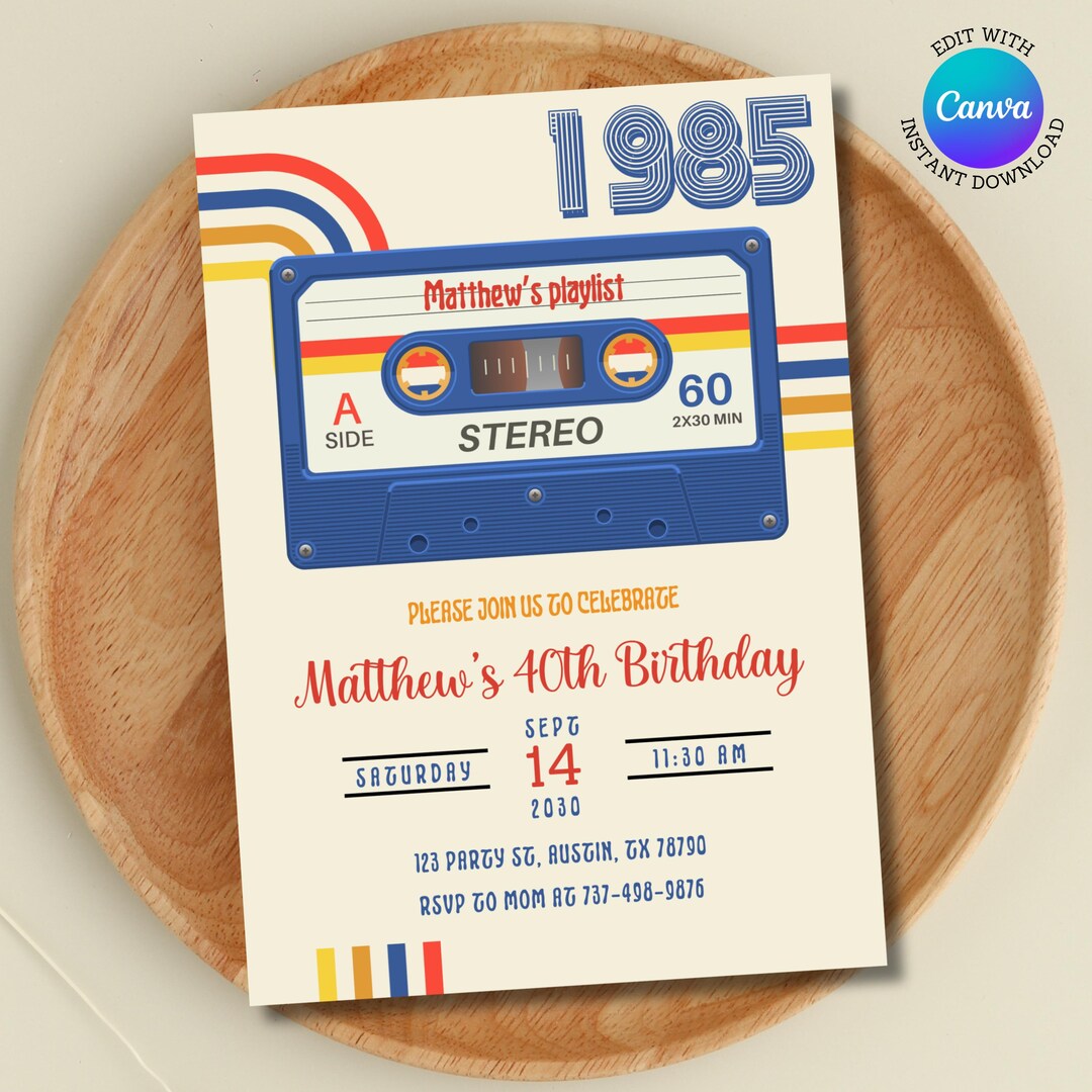 80s Party Invitation | 40th Birthday Invite | Retro Cassette Tape Theme ...