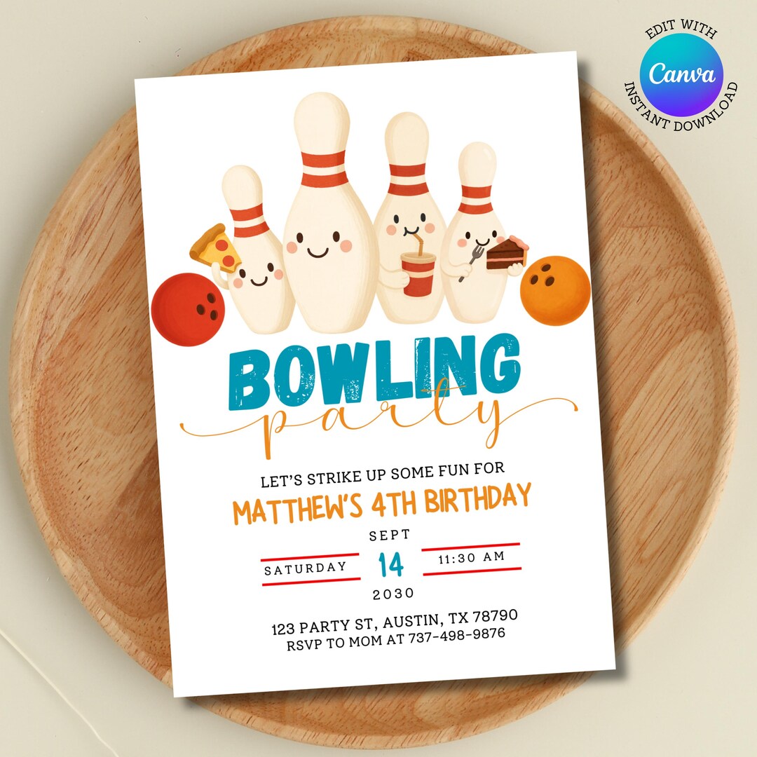 Bowling Party Invitation | Editable Canva Template | Kids Birthday ...