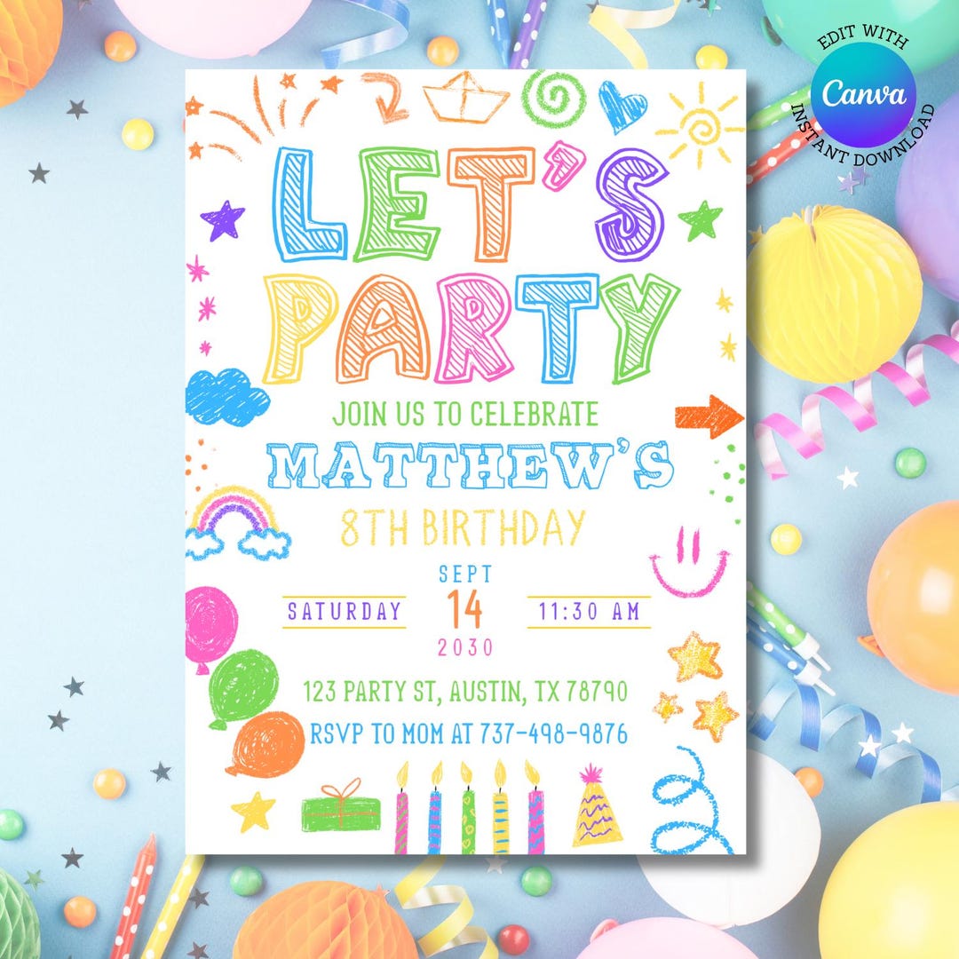 Let’s Party Birthday Invitation | Colorful Rainbow Kids Party Invite ...