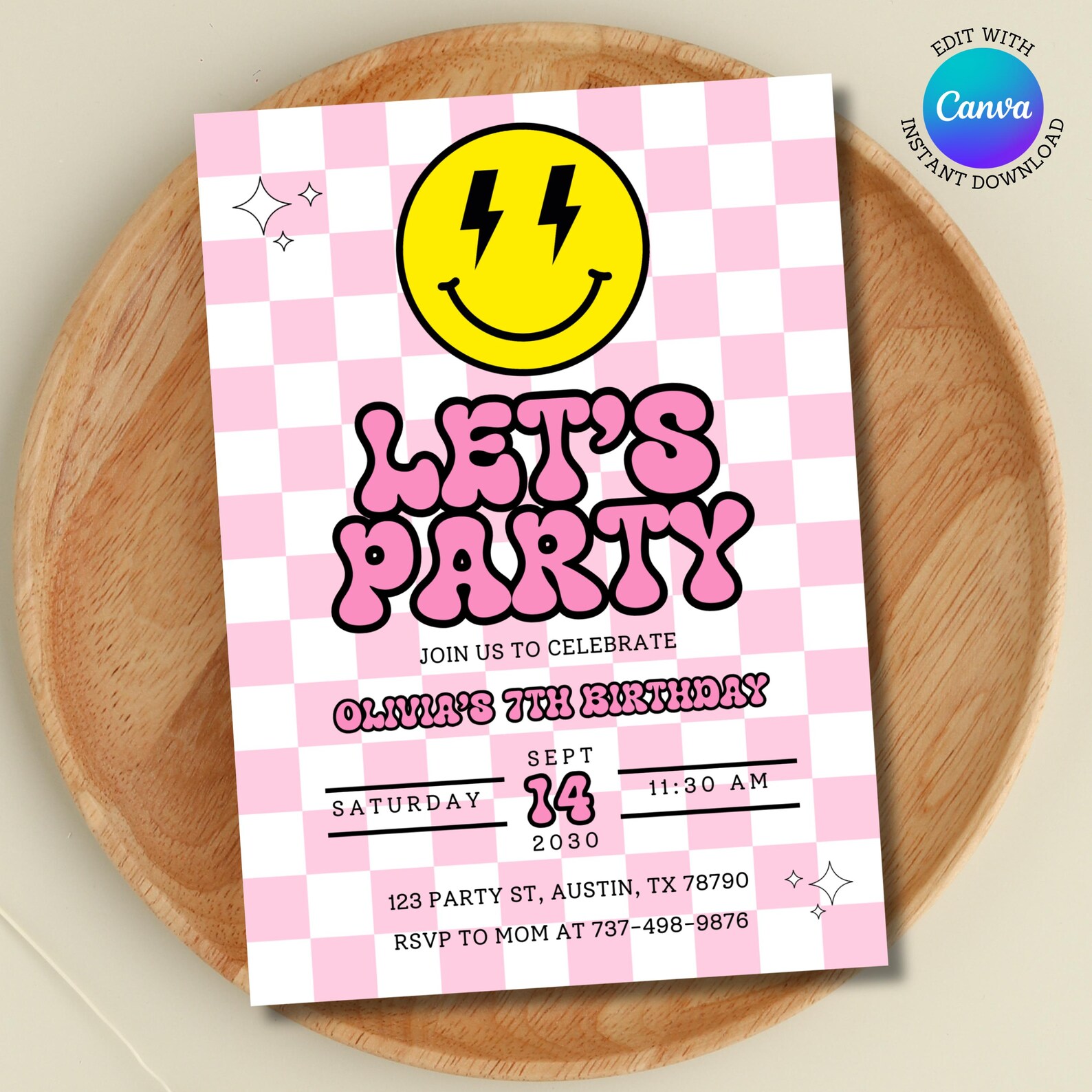 Retro Smiley Birthday Invitation | Editable Canva Template | 90s Pink ...