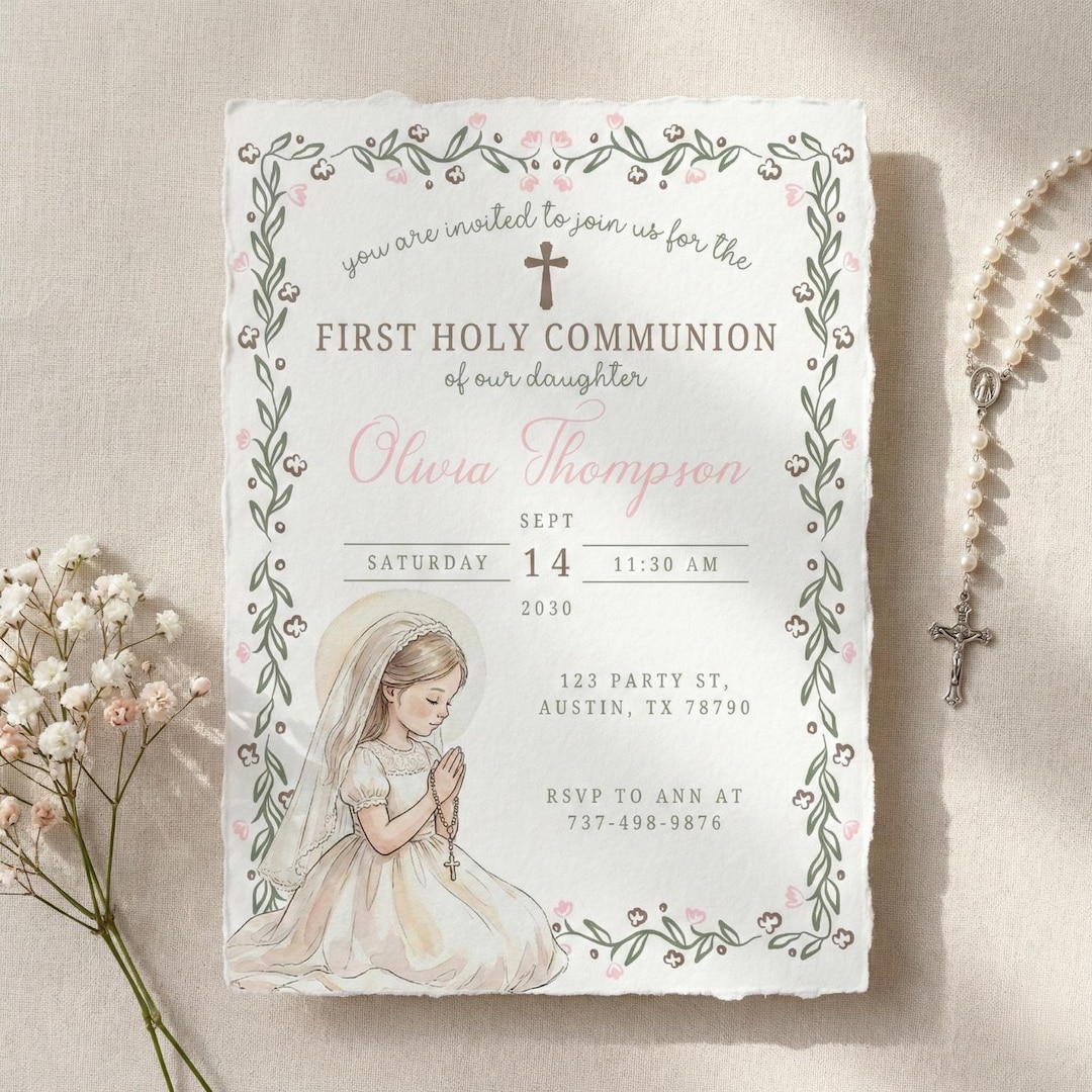 Girl First Holy Communion Invitation | Pink Floral Catholic Invite ...