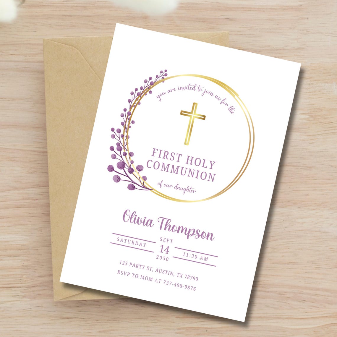 Purple Floral First Communion Invitation: Gold Cross, Girl (editable ...