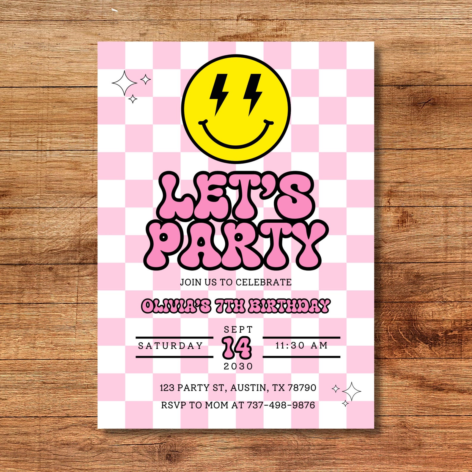 Retro Smiley Birthday Invitation | Editable Canva Template | 90s Pink ...