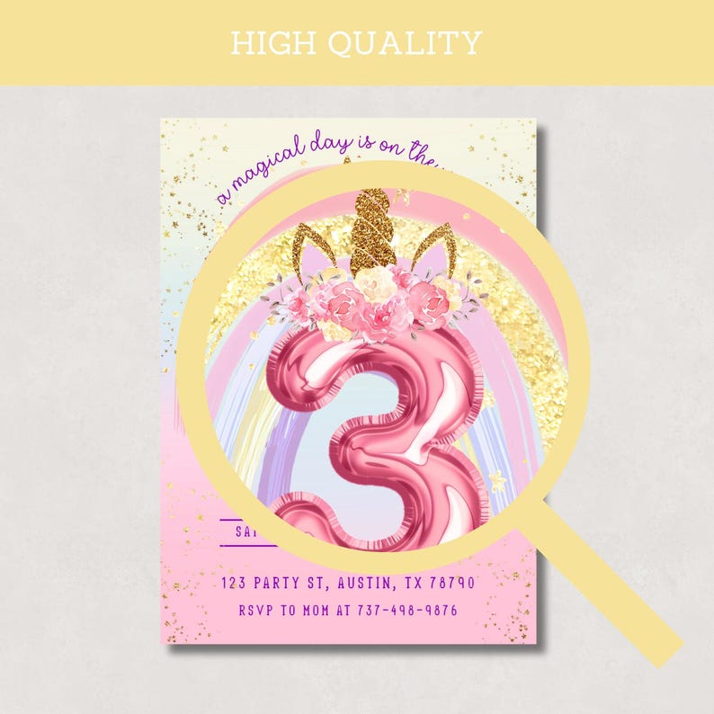 Unicorn 3rd Birthday Invitation Girl | Pink Balloon Number Invite ...