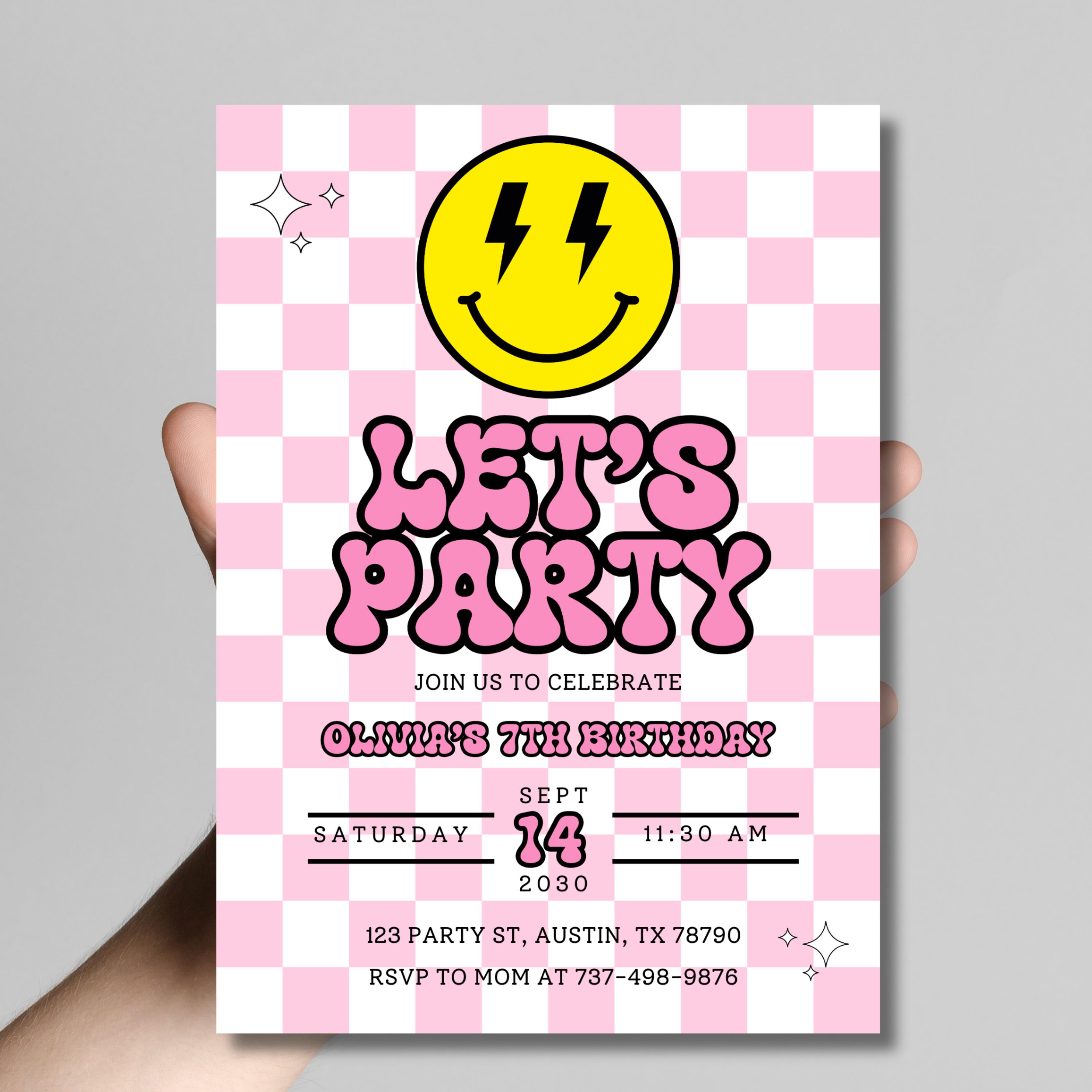 Retro Smiley Birthday Invitation | Editable Canva Template | 90s Pink ...