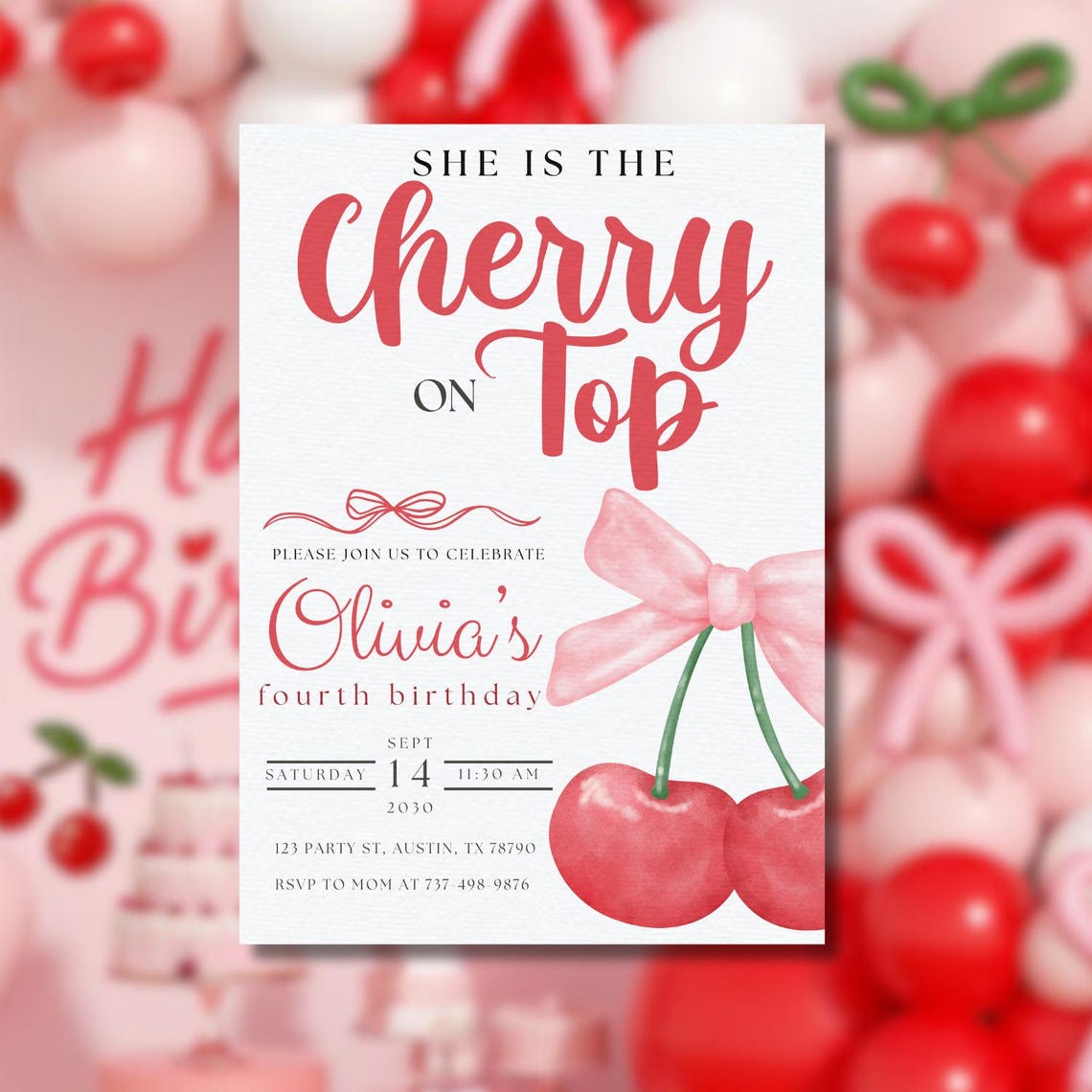 Cherry Birthday Invitation: Watercolor Fourth Birthday Party (canva ...