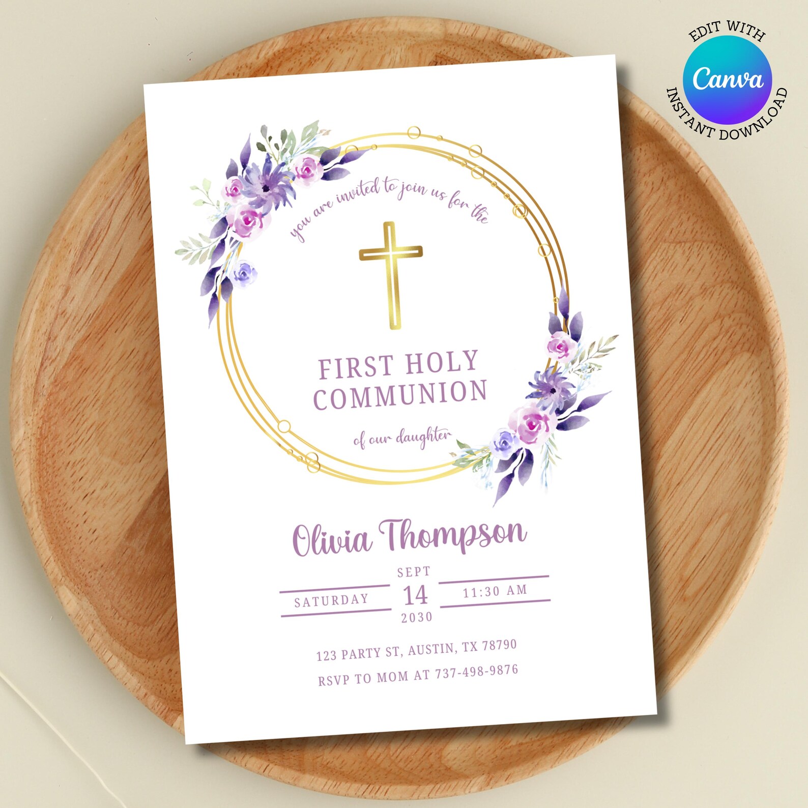 First Holy Communion Invitation Girl | Purple Floral Gold Cross ...