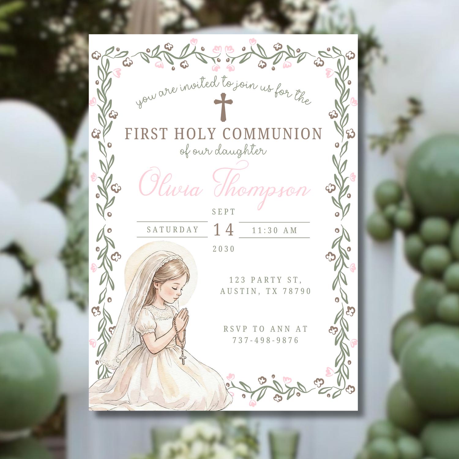 Girl First Holy Communion Invitation | Pink Floral Catholic Invite ...