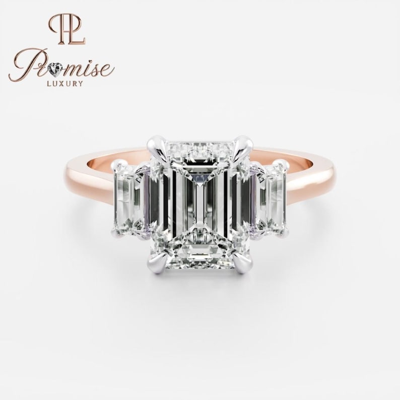 2.5 TCW Emerald Cut Three Stone Diamond Ring, Lab Grown Diamond Engagement Ring0.5ct Side ...
