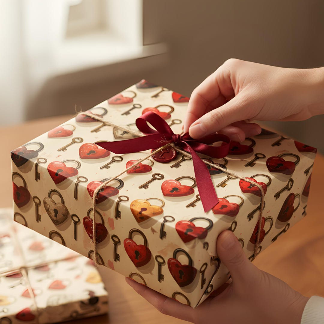 Heart Lock and Key Valentine Wrapping Paper Roll - Love Symbol Gift ...