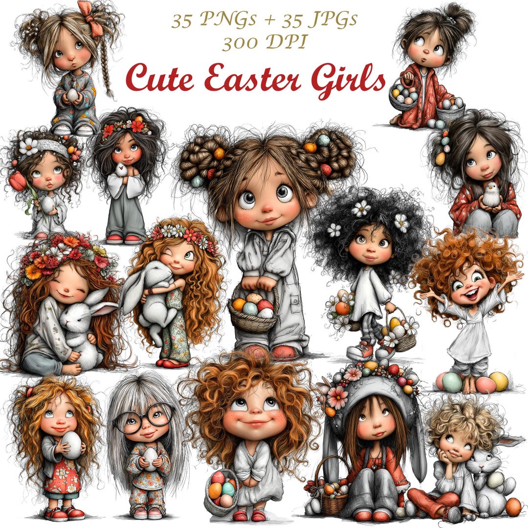 Watercolor Easter Girls Clipart Bundle, Whimsical Girls Graphics (35 ...