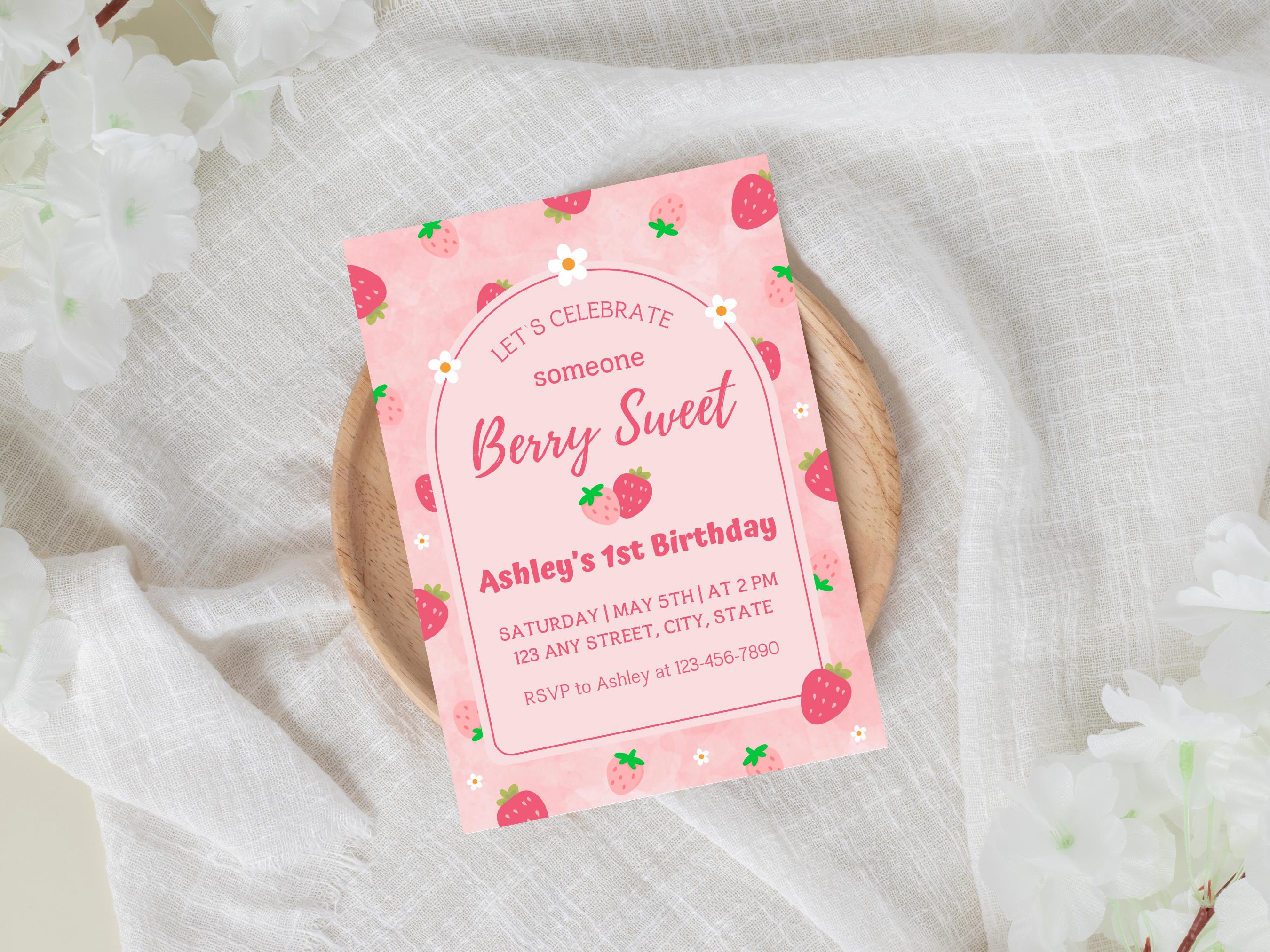 Strawberry Birthday Invitation: Berry Sweet, Editable Template (digital ...