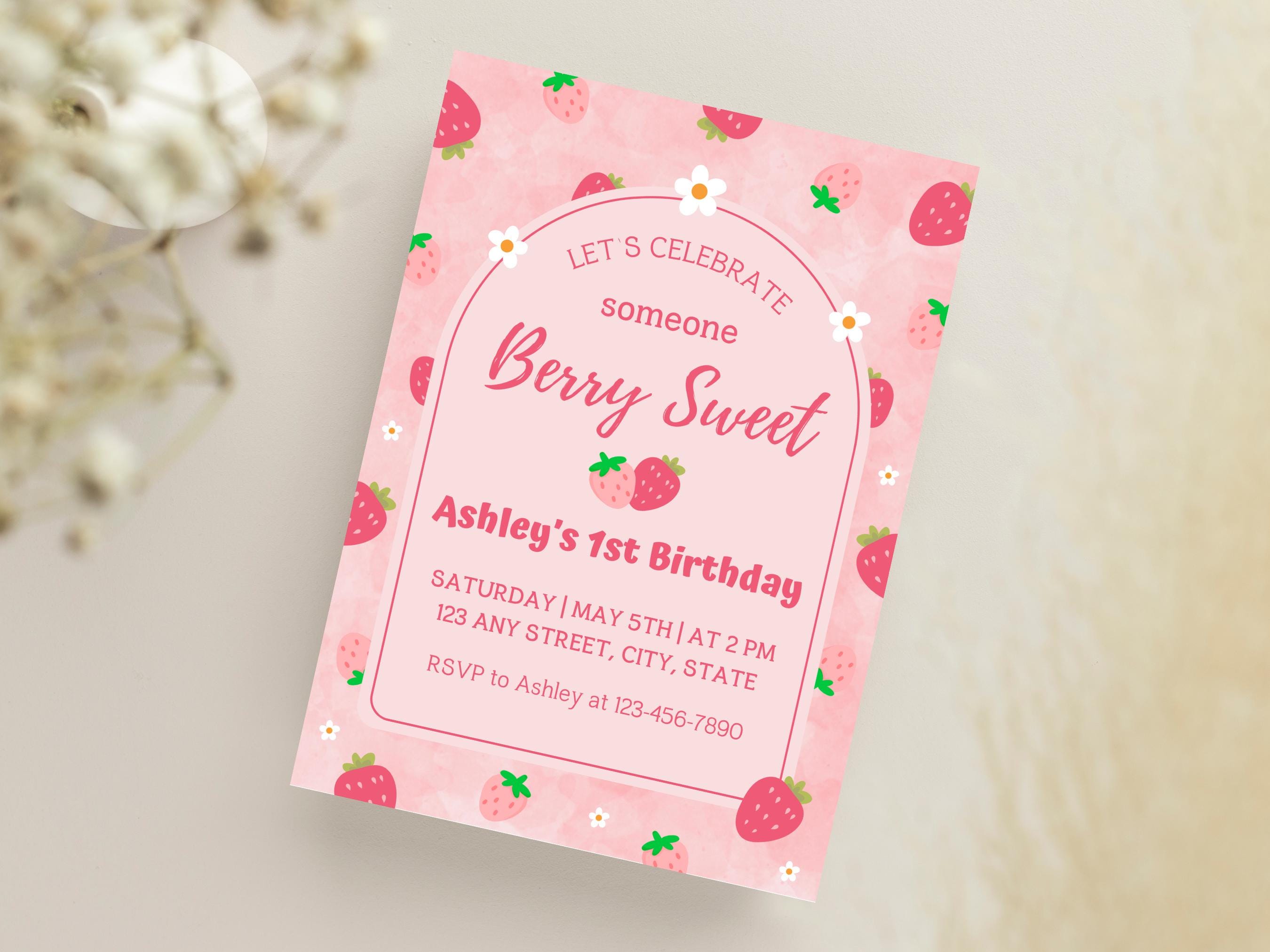 Strawberry Birthday Invitation: Berry Sweet, Editable Template (digital ...
