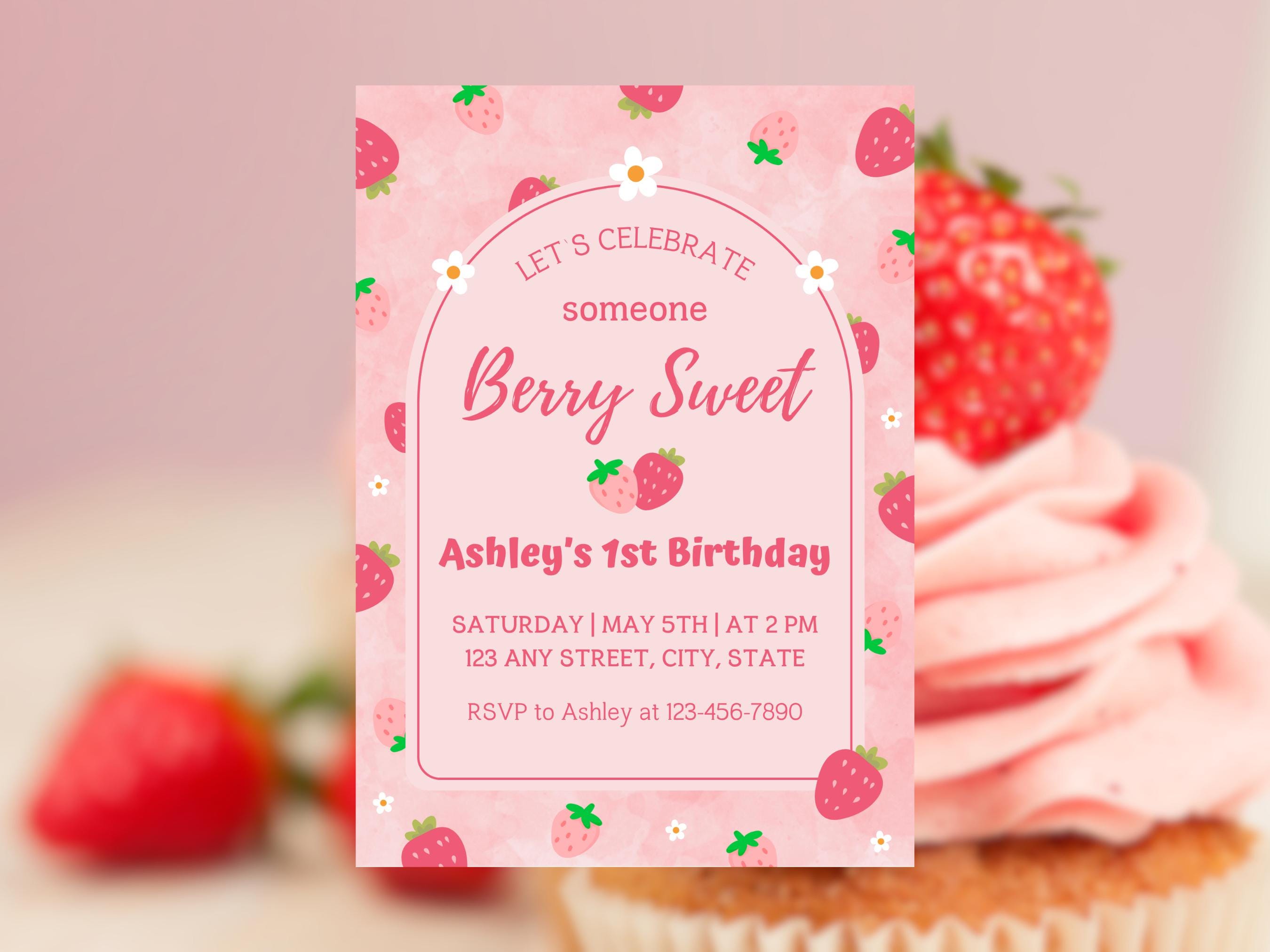 Strawberry Birthday Invitation: Berry Sweet, Editable Template (digital ...