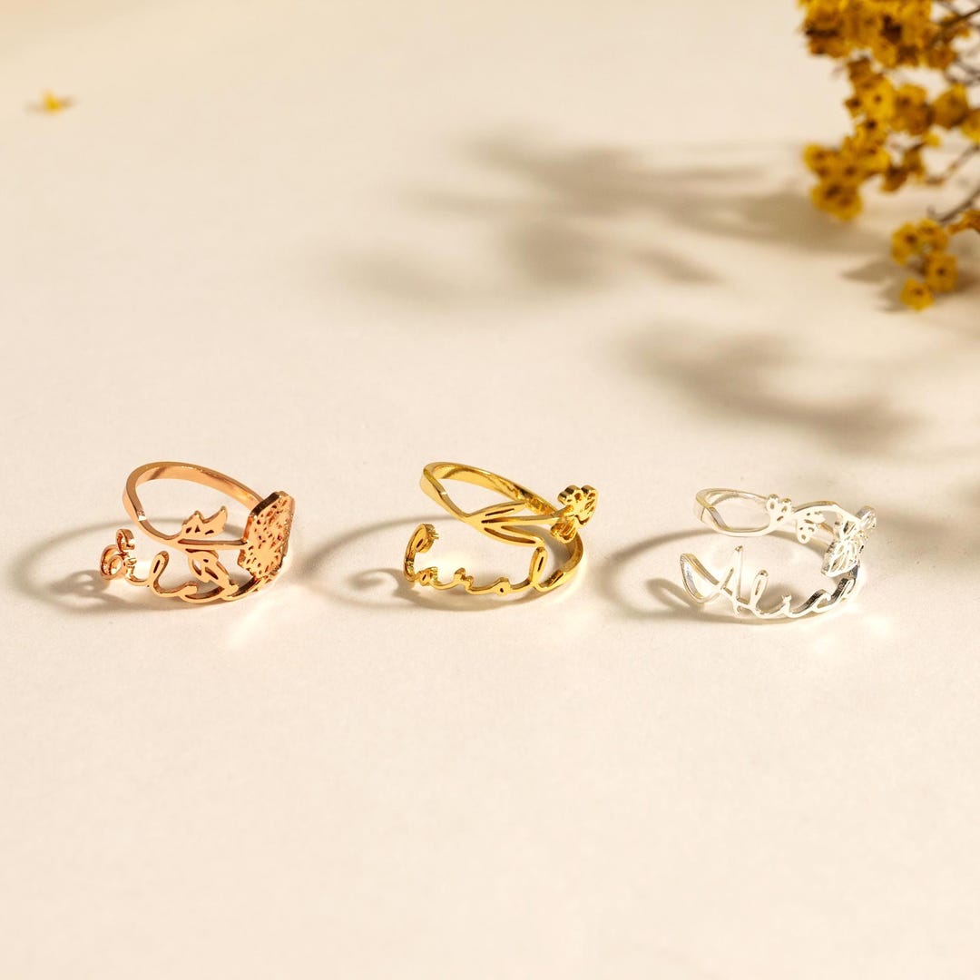 Custom Birth Flower Ring, Dainty Birthflower Name Ring, Name Jewelry ...