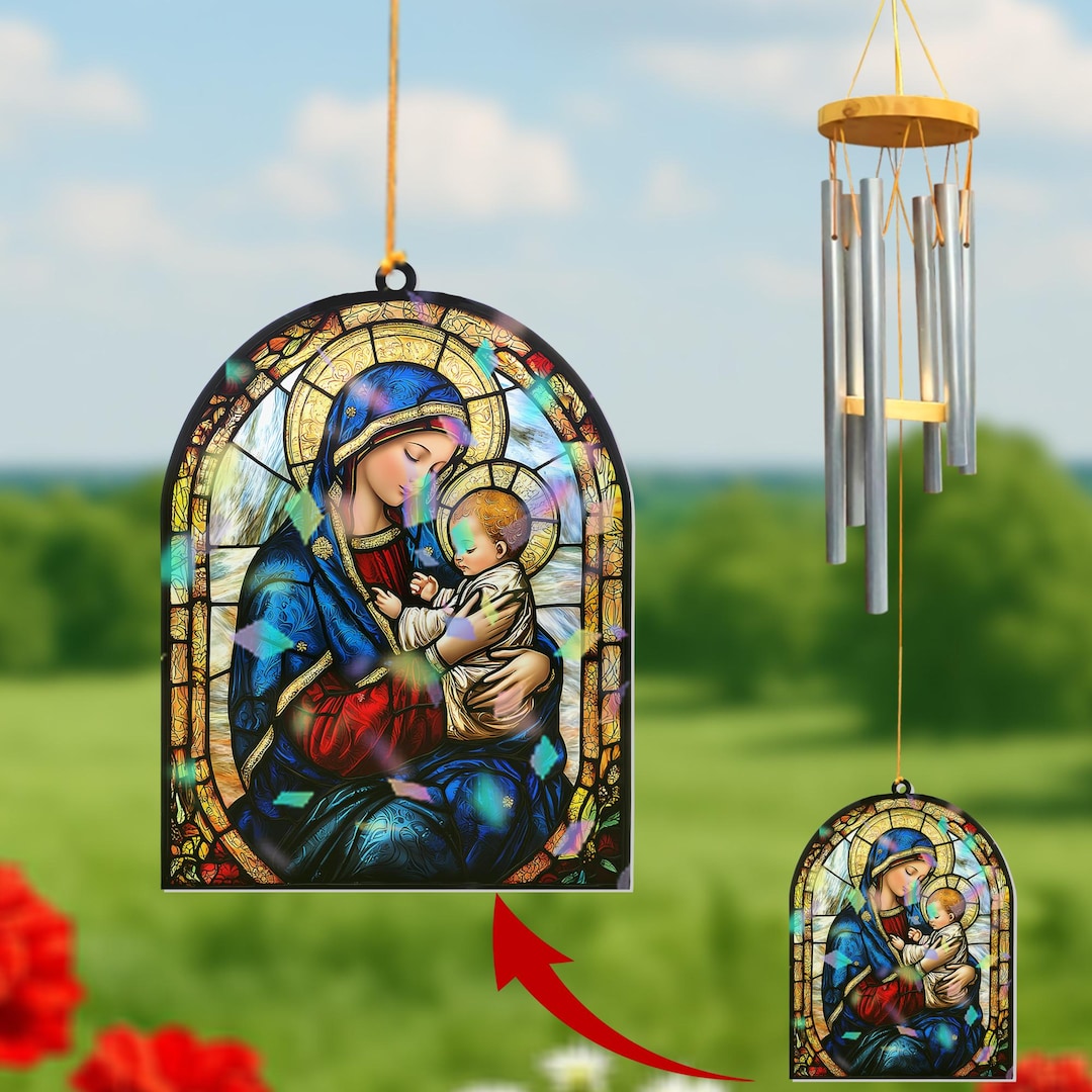 Virgin Mary and Baby Jesus Wind Chime, Catholic Religious Window ...