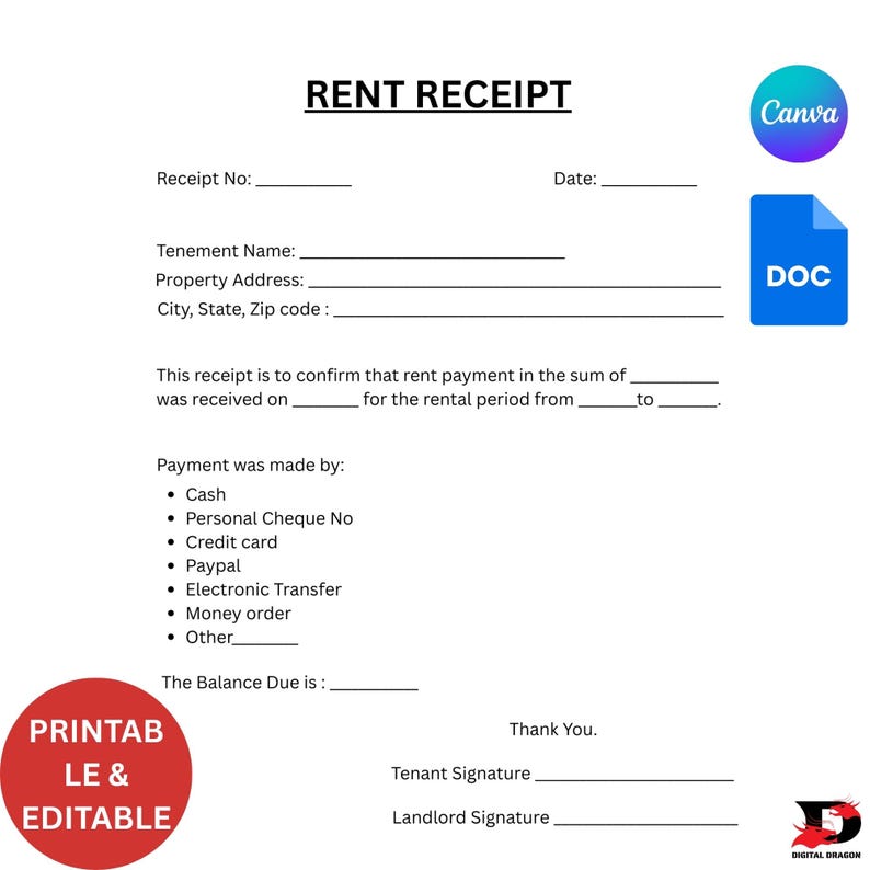 Editable Rent Receipt Template | Landlord Tenant Form (PDF & Word) - Etsy